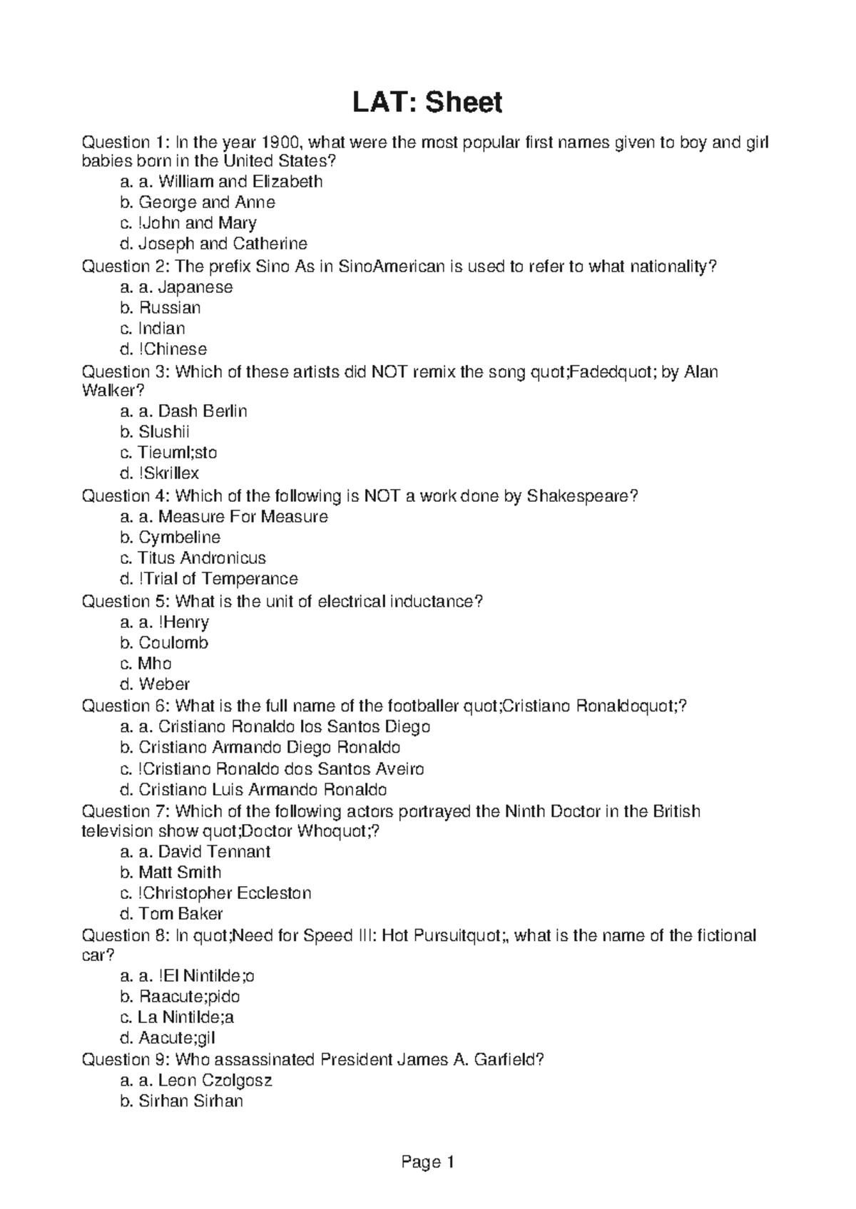 LAT255 Sheet 5 - LAT: Sheet Question 1: In the year 1900, what were the ...