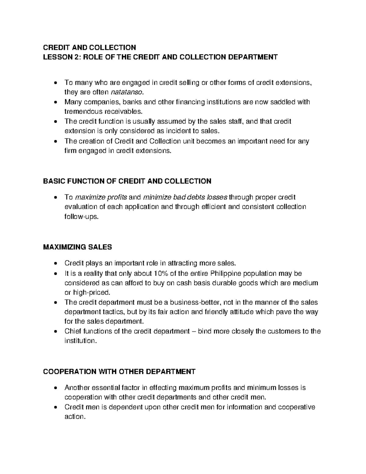 Lesson 2 - Role of Credit and Collection - Studocu