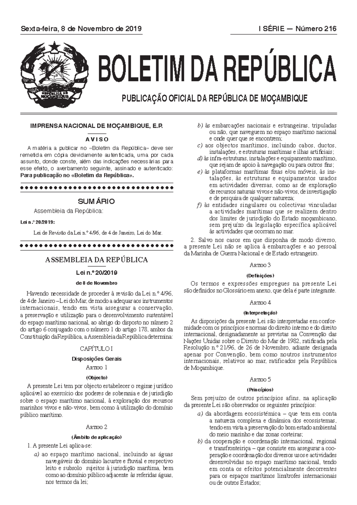 LEI DO MAR Mocambicano - Leiii - BOLETIM DA REPÚBLICA PUBLICAÇÃO ...