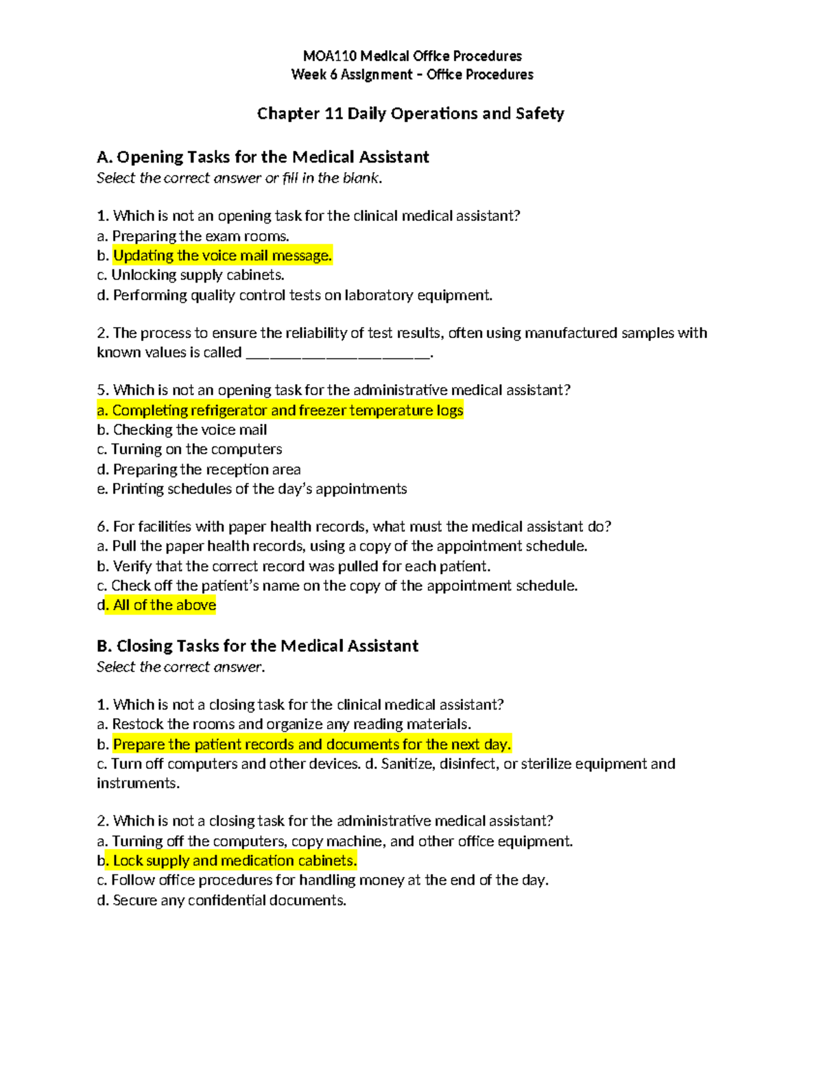 Week 6 Assignment Worksheet 15e - Week 6 Assignment – Office Procedures Chapter 11 Daily ...