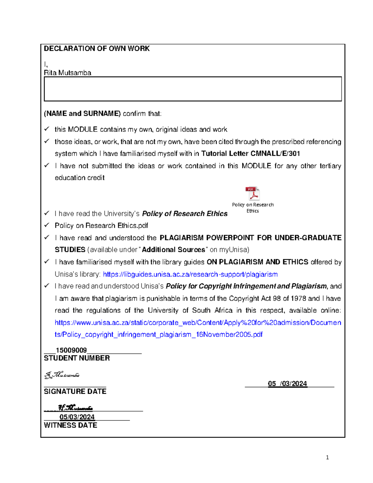 COM3701 - DECLARATION OF OWN WORK I, Rita Mutsamba (NAME and SURNAME ...