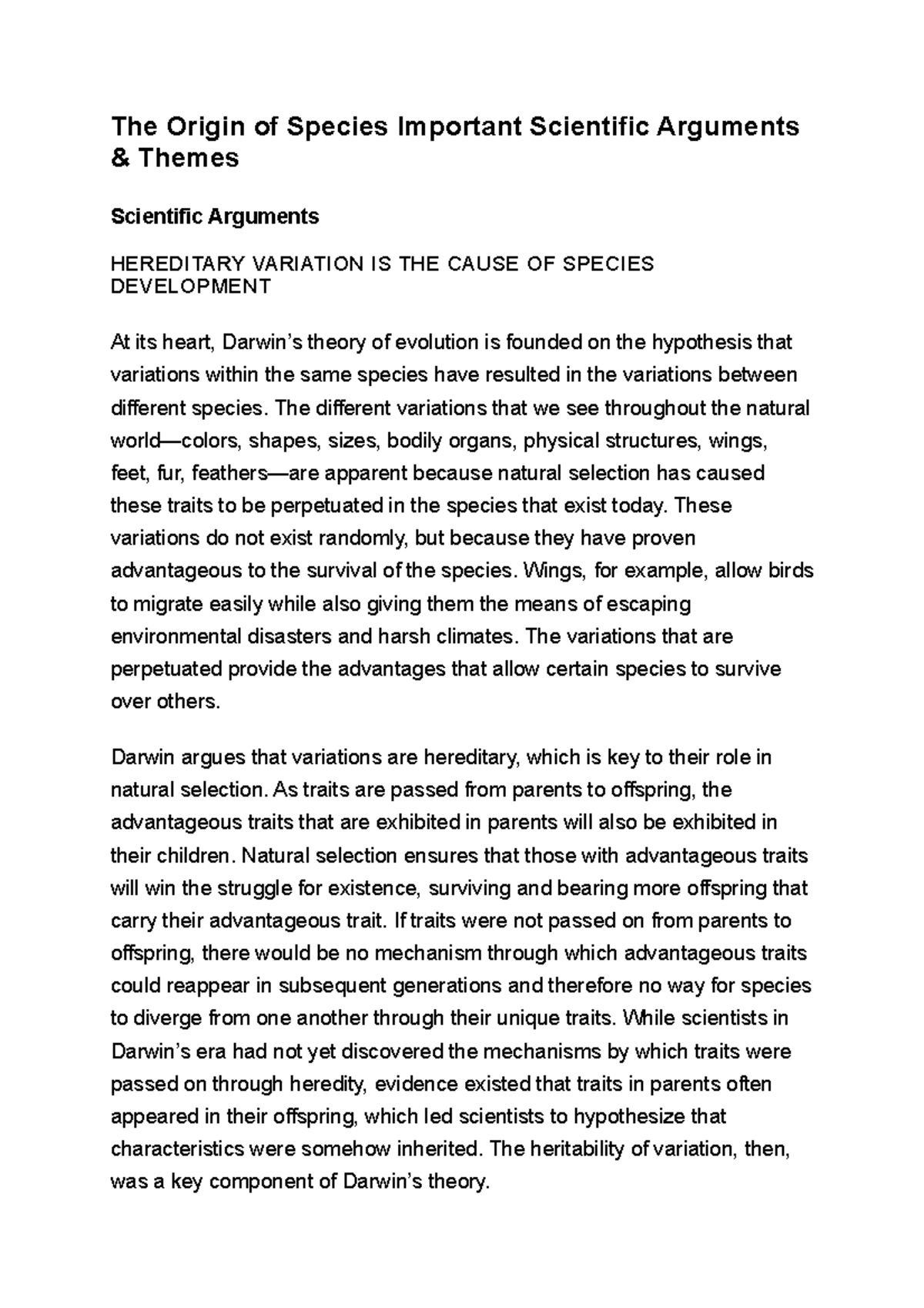The Origin of Species Important Scientific Arguments - The different ...