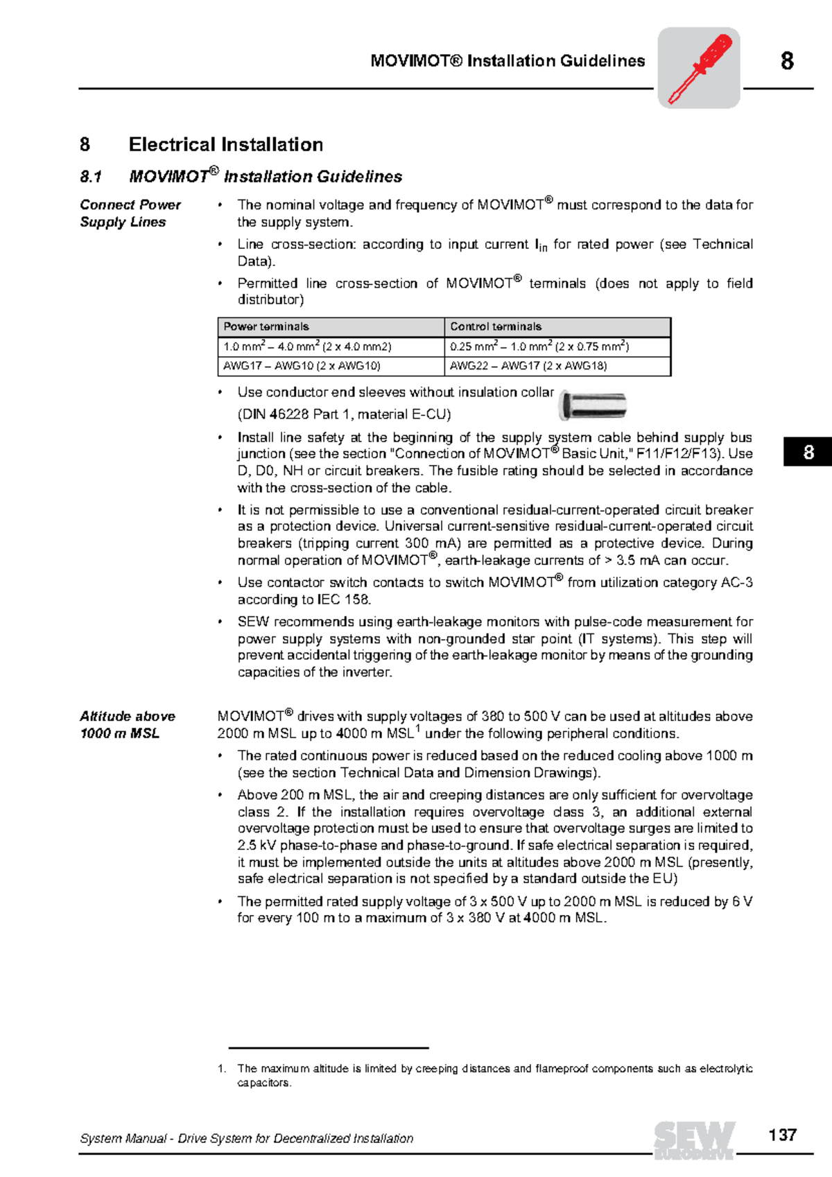 Electrical Installation - Line cross-section: according to input ...
