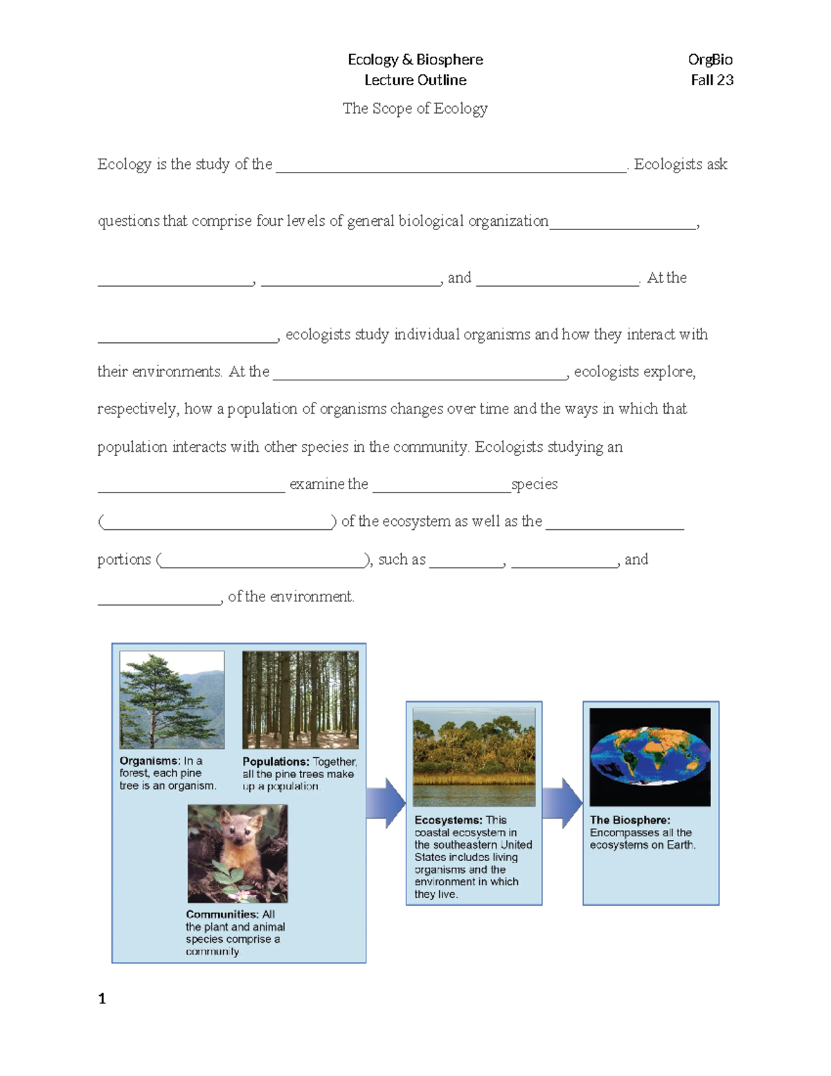 Ecology&the Biosphere Lecture Outline - Lecture Outline Fall 23 The ...