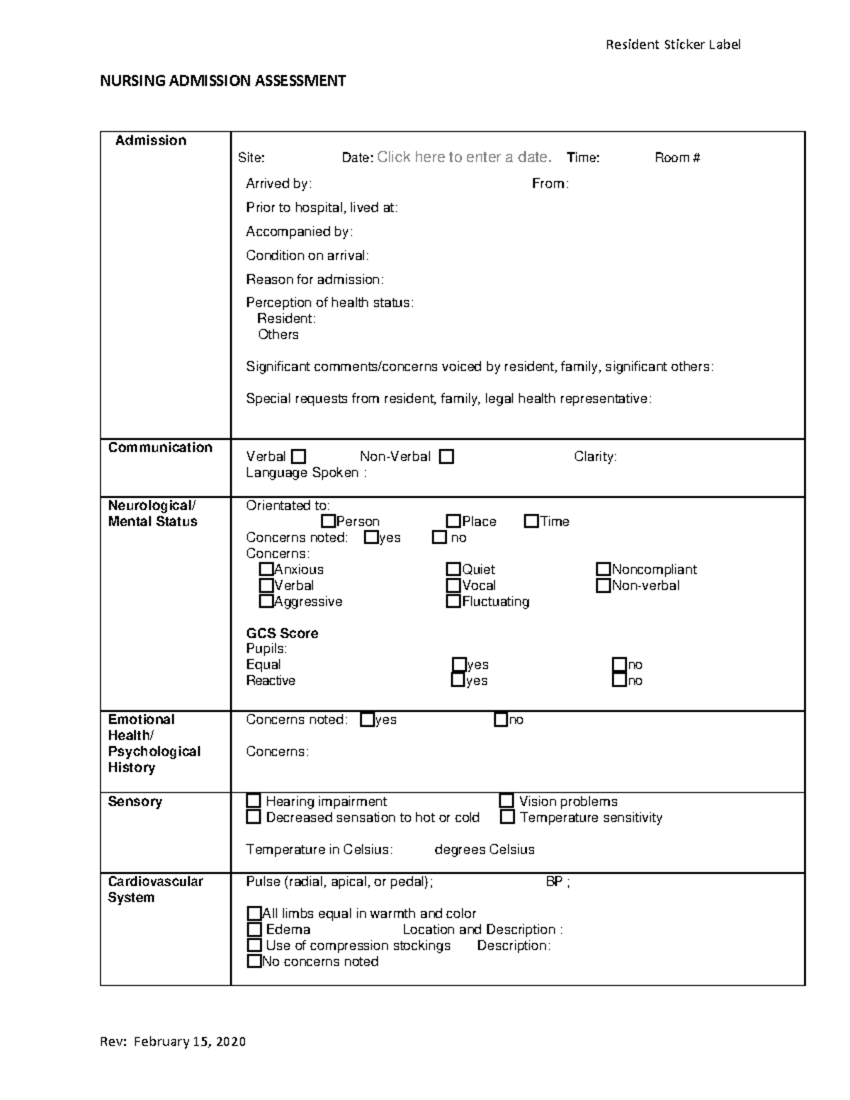 Nursing Admission Assessment Form - Resident Sticker Label NURSING ...