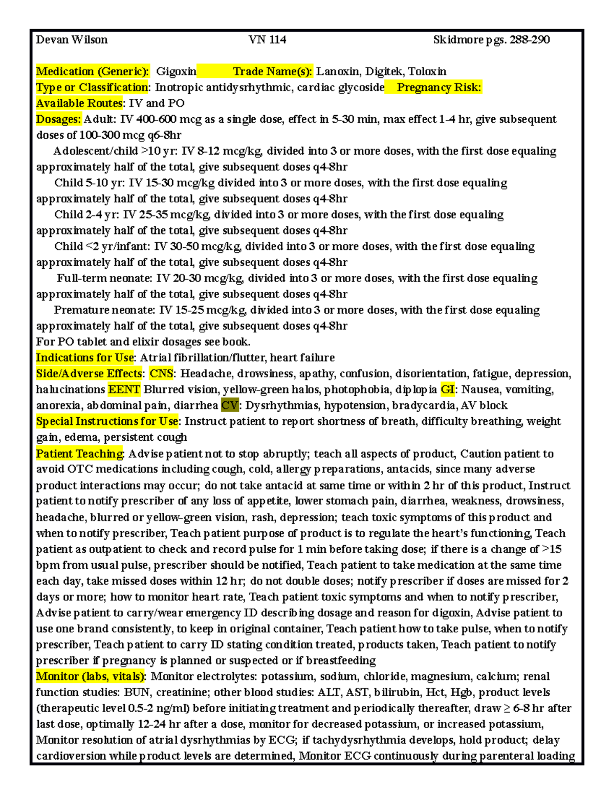 Digoxin - Medication Cards - Devan Wilson VN 114 Skidmore pgs. 288 ...