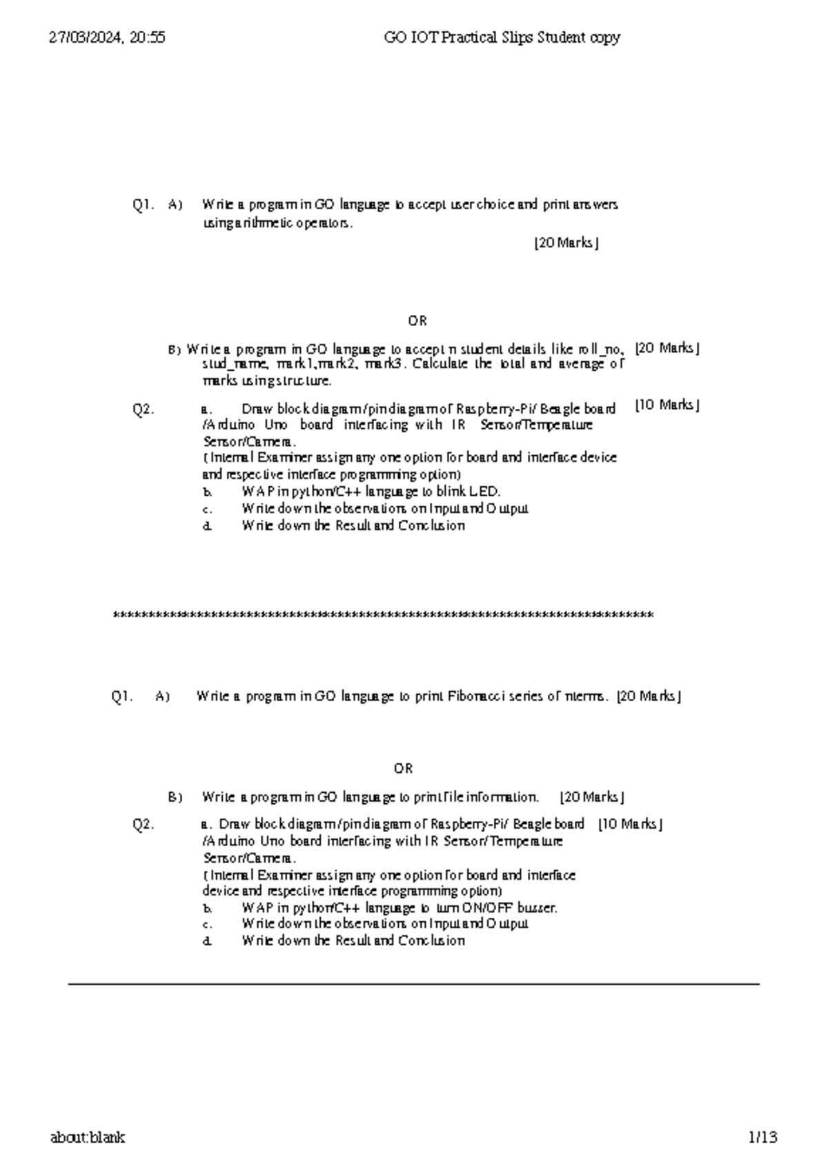 GO IOT Practical Slips Student copy - Q1. A) Write a program in GO language toaccept user choice ...