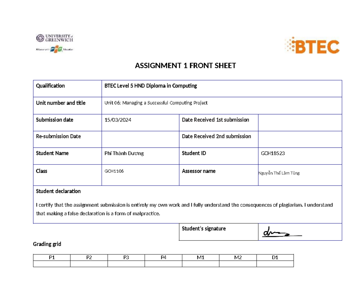 1141241414141241 - ASSIGNMENT 1 FRONT SHEET Qualification BTEC Level 5 HND Diploma in Computing ...