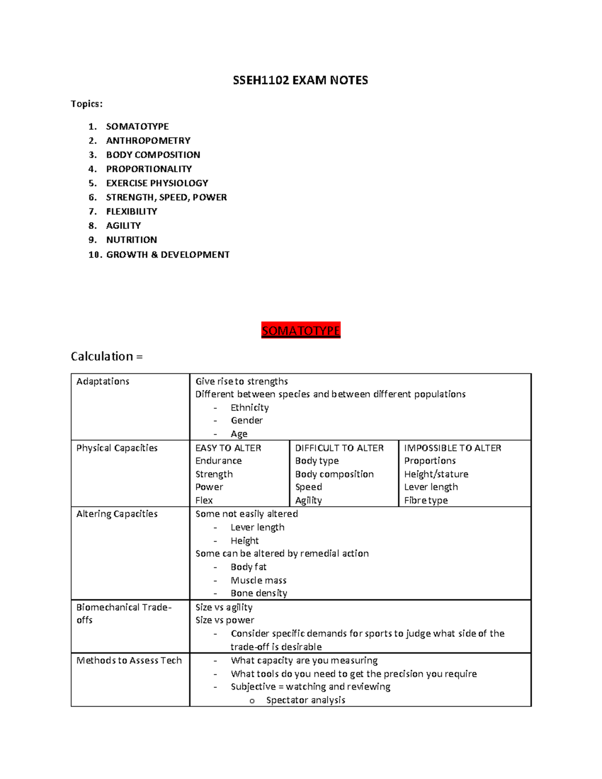 Somatotype - SSEH1102 - SSEH1102 EXAM NOTES Topics: 1. SOMATOTYPE 2 ...