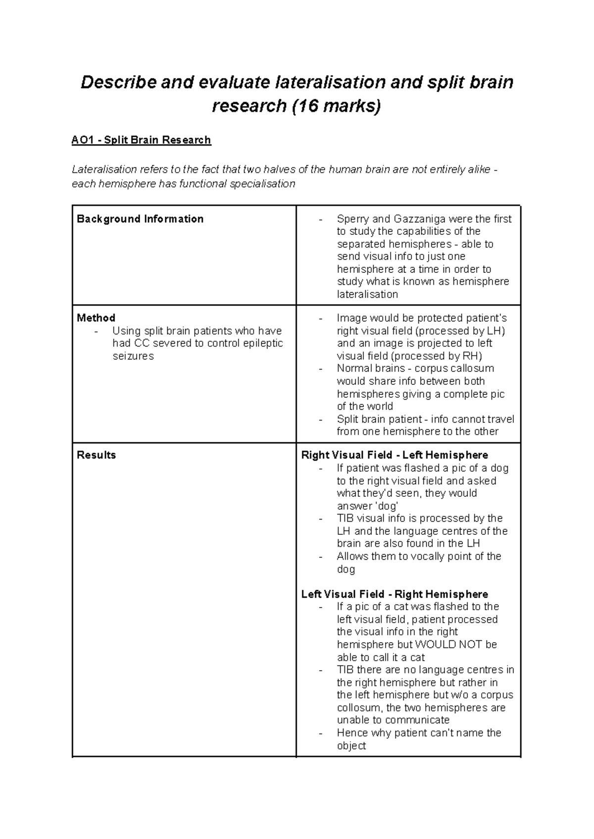 Describe and evaluate lateralisation and split brain research (16 marks ...