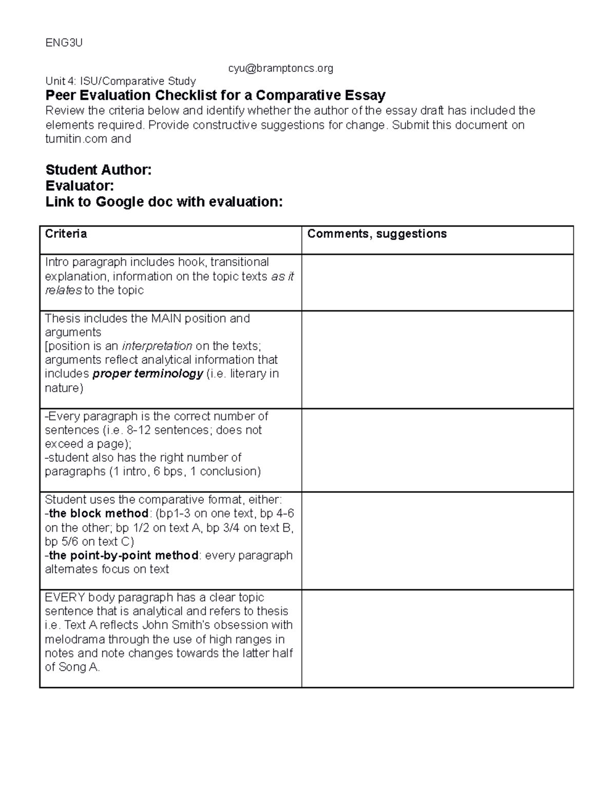 Peer Evaluation Checklist for Comp Essay Draft - ENG3U cyu@bramptoncs ...