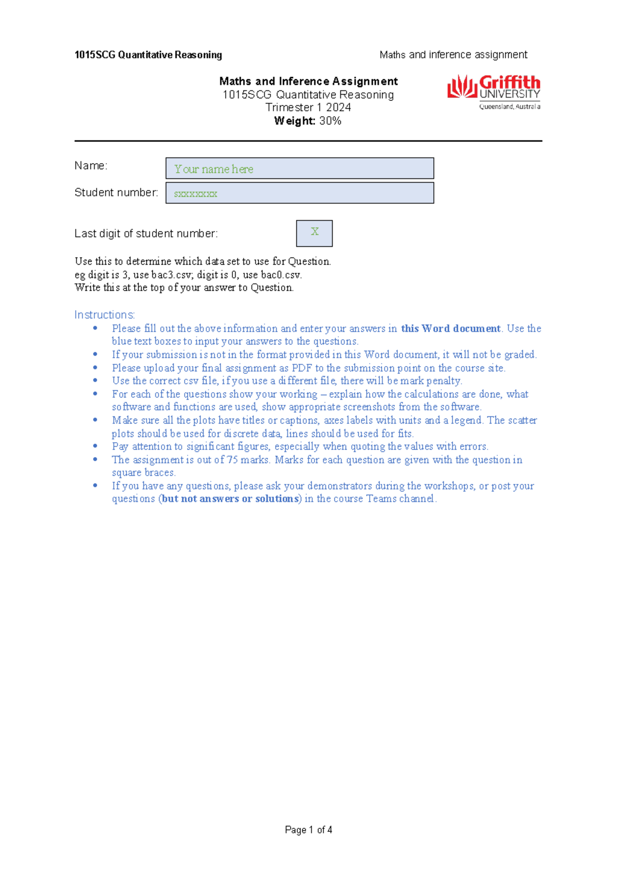 1015SCG Math Assignment T12024 - Maths and Inference Assignment 1015SCG Quantitative Reasoning ...
