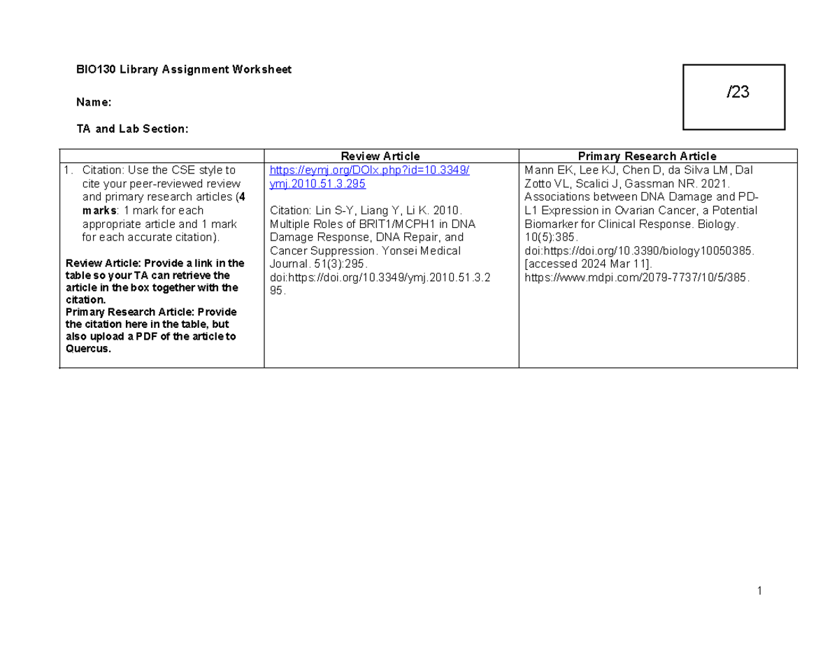 BIO130 Library Assignment Worksheet 2024 - BIO130 Library Assignment ...