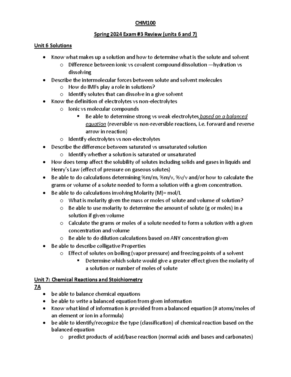 Exam #3 Review Sheet chem 100 - CHM Spring 2024 Exam #3 Review (units 6 and 7) Unit 6 Solutions ...