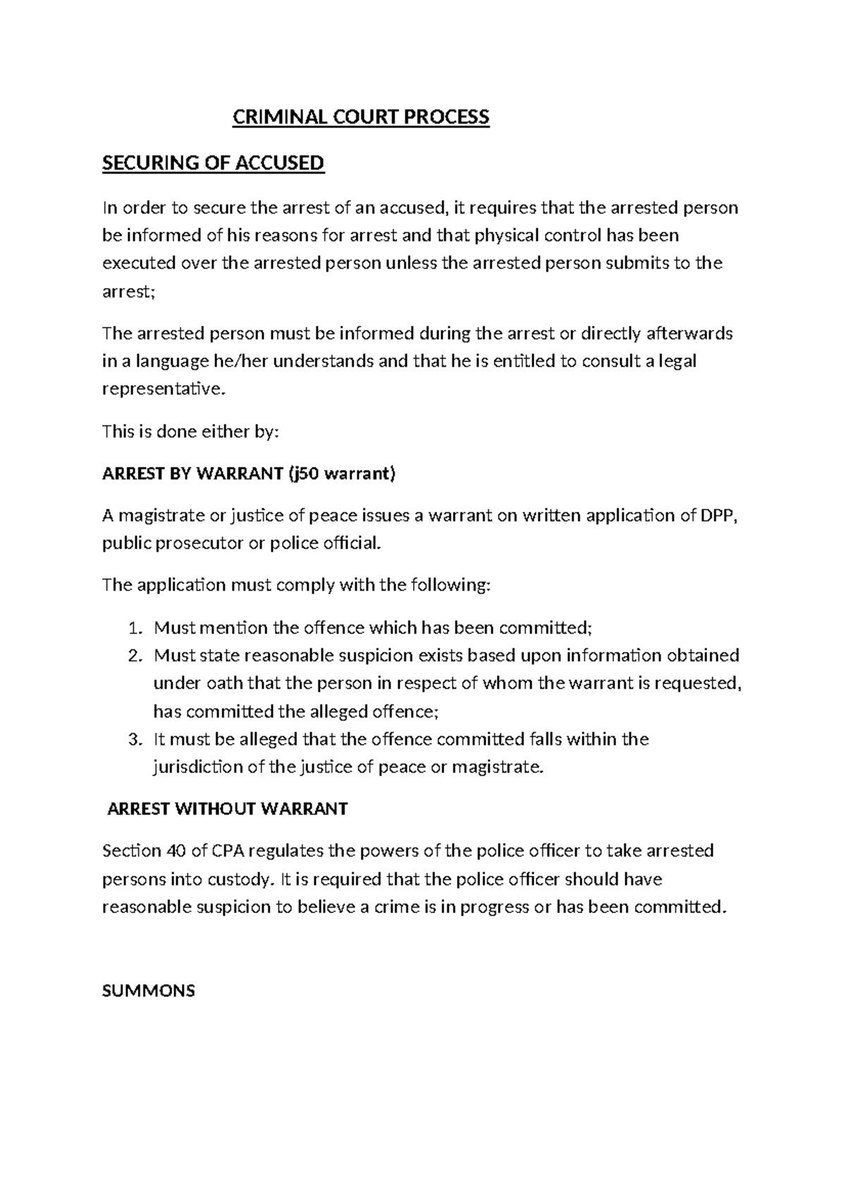 Criminal Court Process 2 - CRIMINAL COURT PROCESS SECURING OF ACCUSED ...