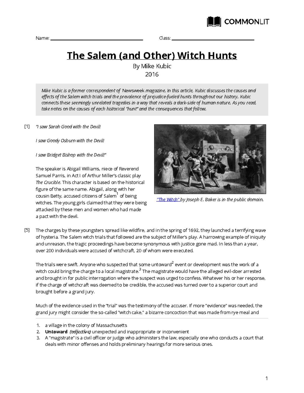 The Salem (and Other) Witch Hunts - Name: Class: "The Witch" by Joseph ...