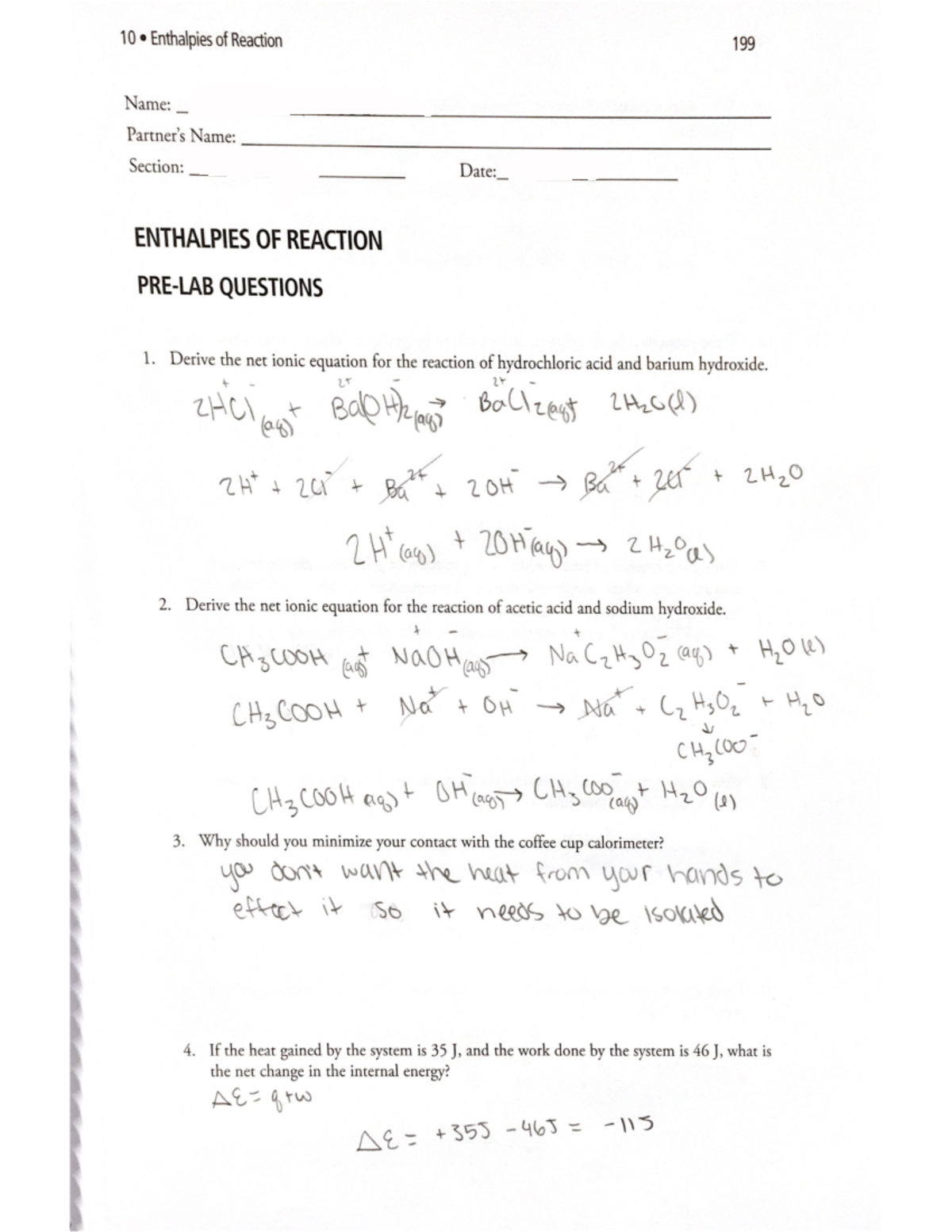 Lab8 - gchm1-partnerwork - 10 • Enthalpies of Reaction 199 Partner's ...