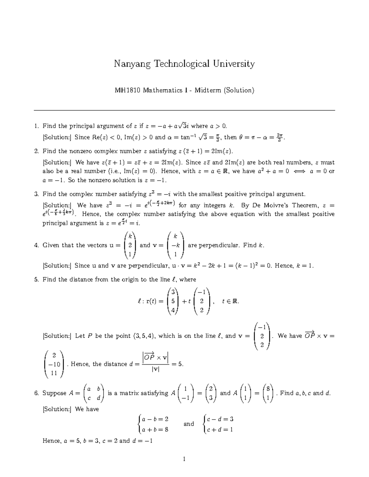 21S1 Mathematics 1 Midterm Solutions - Nanyang Technological University MH1810 Mathematics I ...