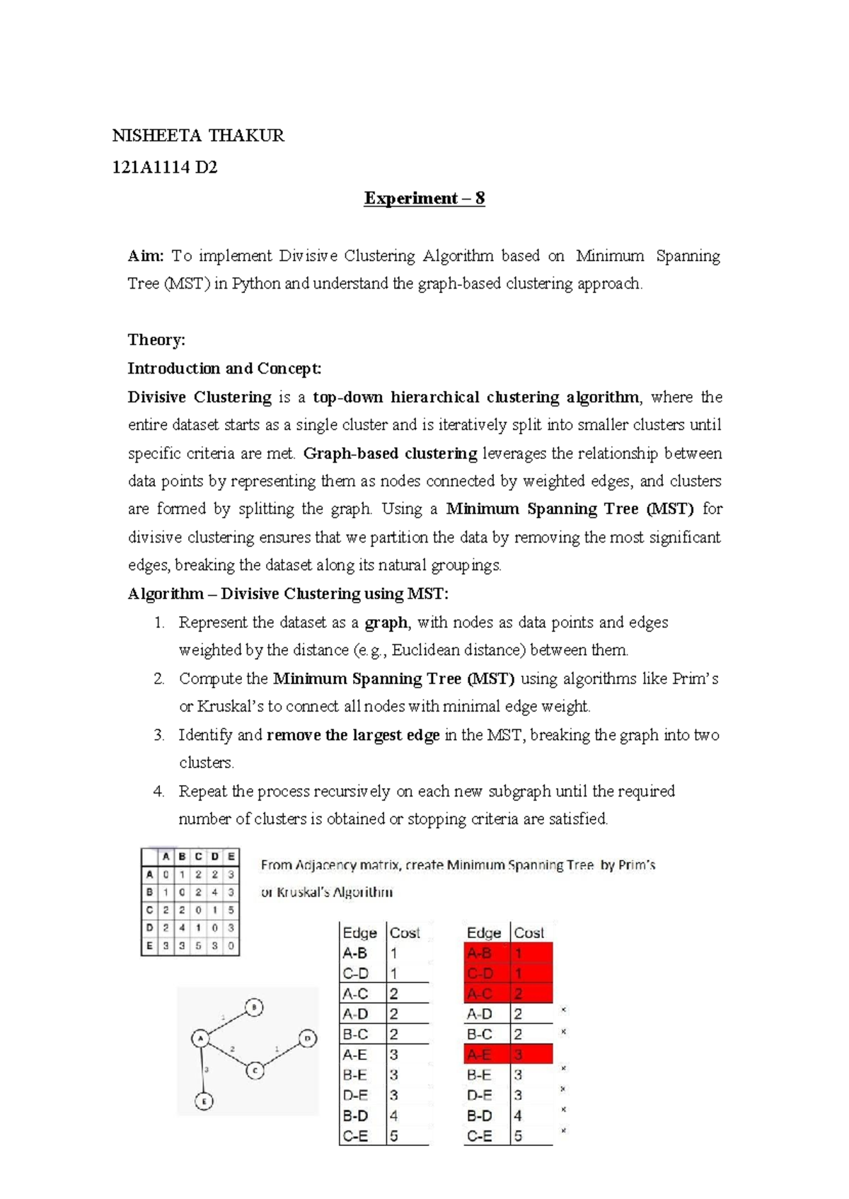 121A1114 D2 ML EXP8 - To implement Divisive Clustering Algorithm based on Minimum Spanning Tree ...