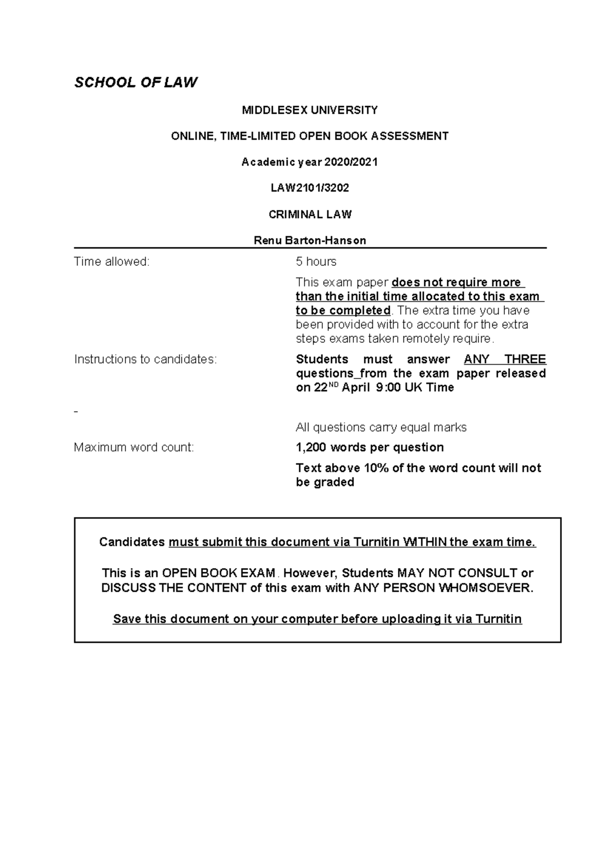 Final Paper 2 Exam Answer Booklet - SCHOOL OF LAW MIDDLESEX UNIVERSITY ...