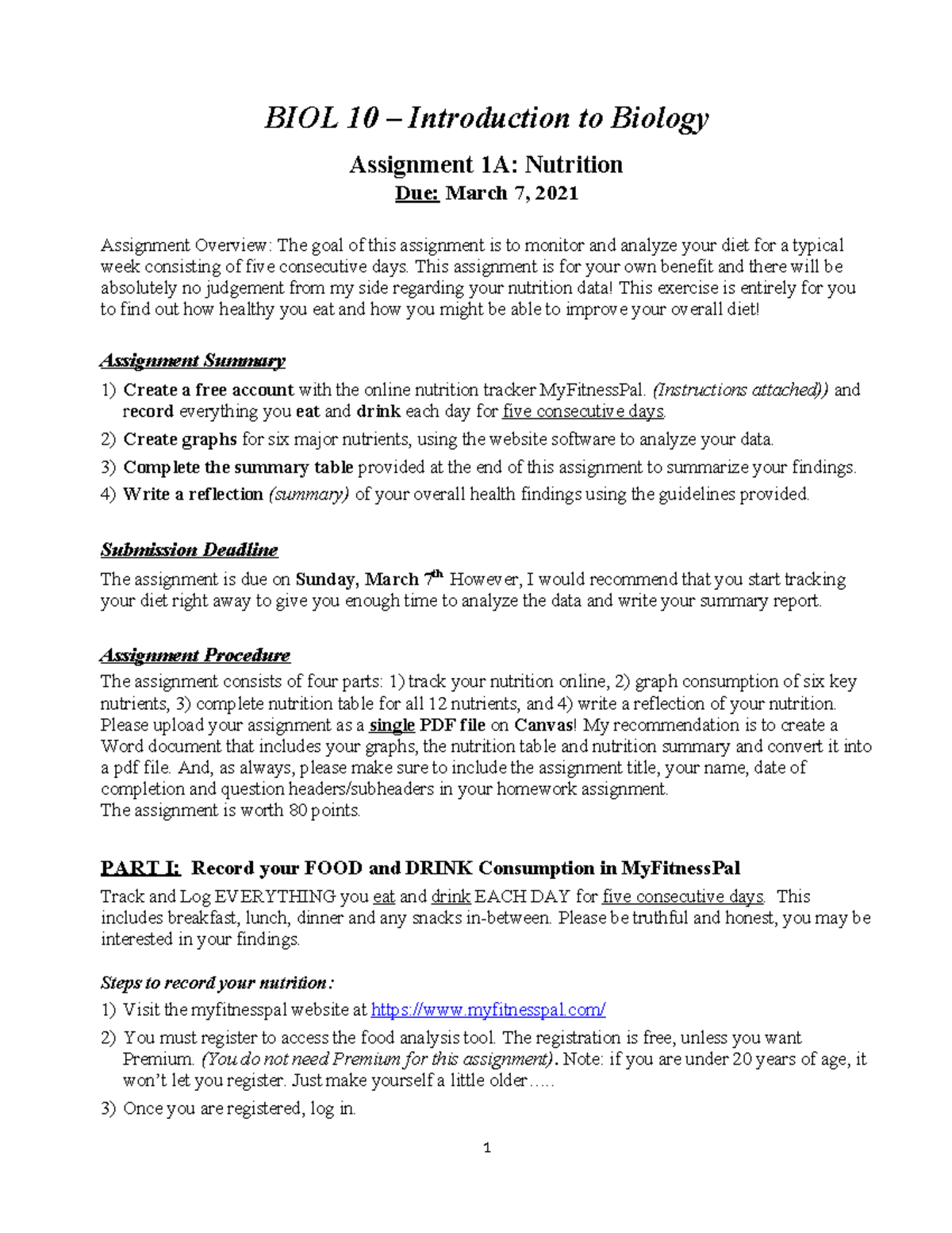 BIOL 10 - Assignment 1A - Nutrition - BIOL 10 – Introduction to Biology ...