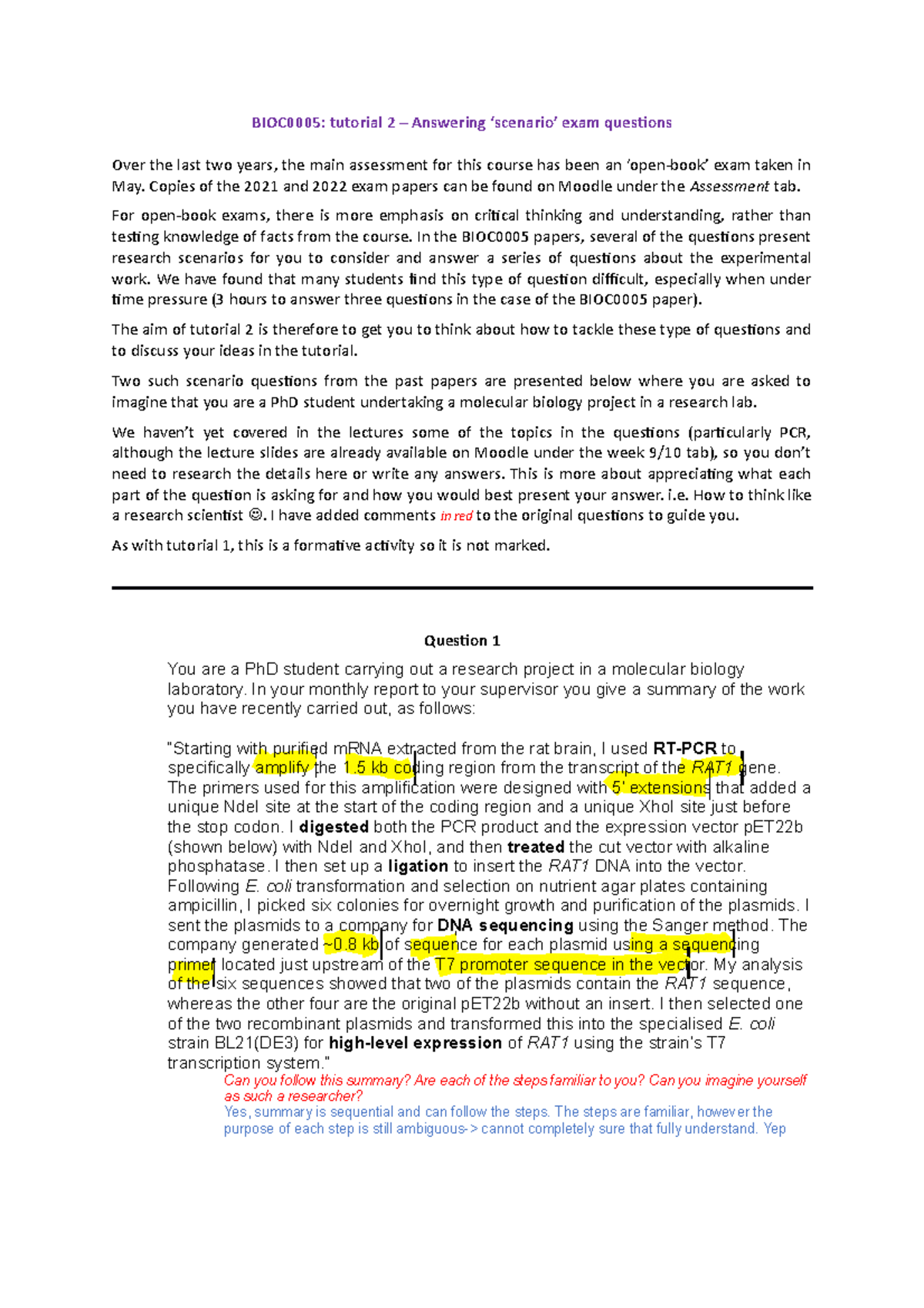 Tutorial 2 - BIOC0005: tutorial 2 – Answering ‘scenario’ exam questions ...