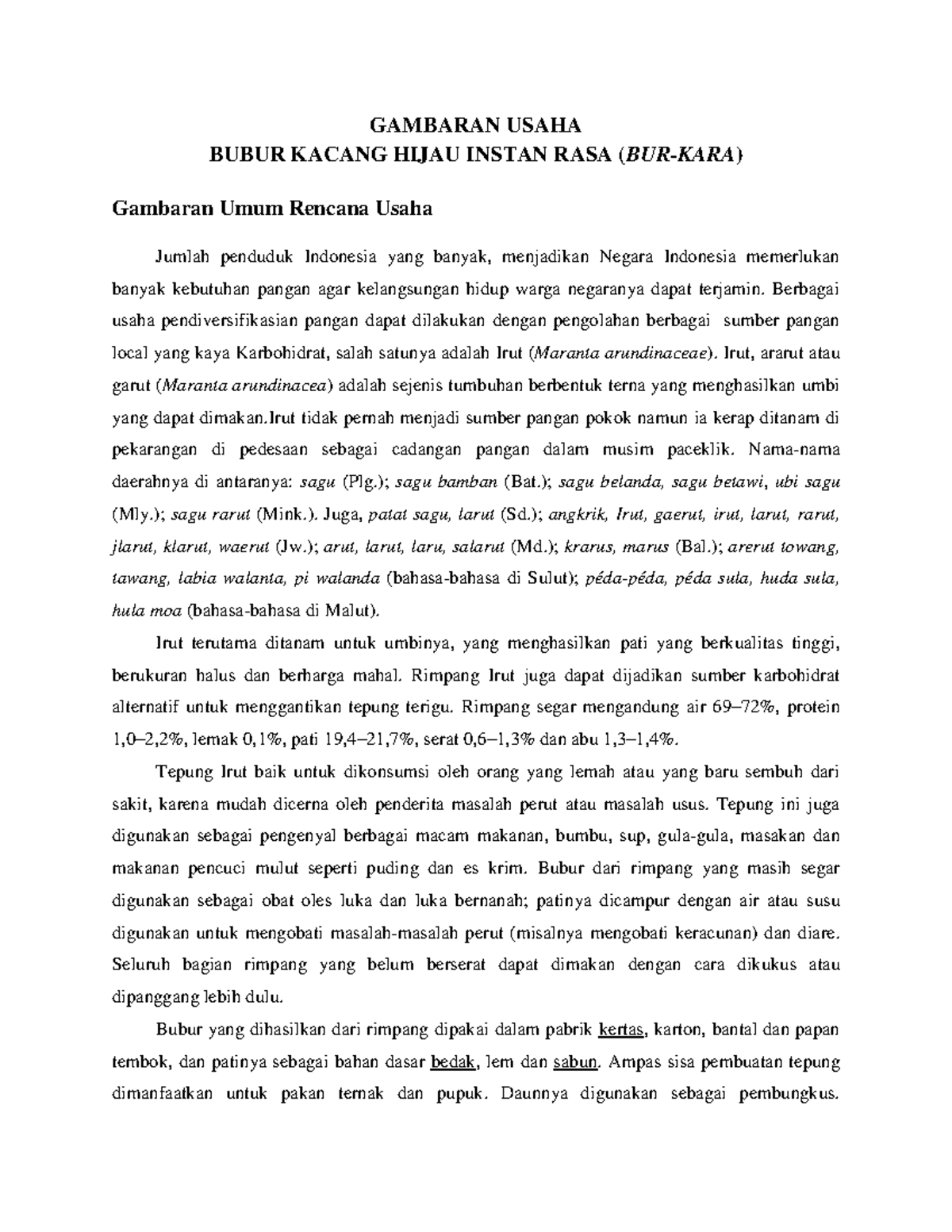 GAMBARAN USAHA BUBUR KACANG HIJAU INSTAN RASA (BUR-KARA) - GAMBARAN ...