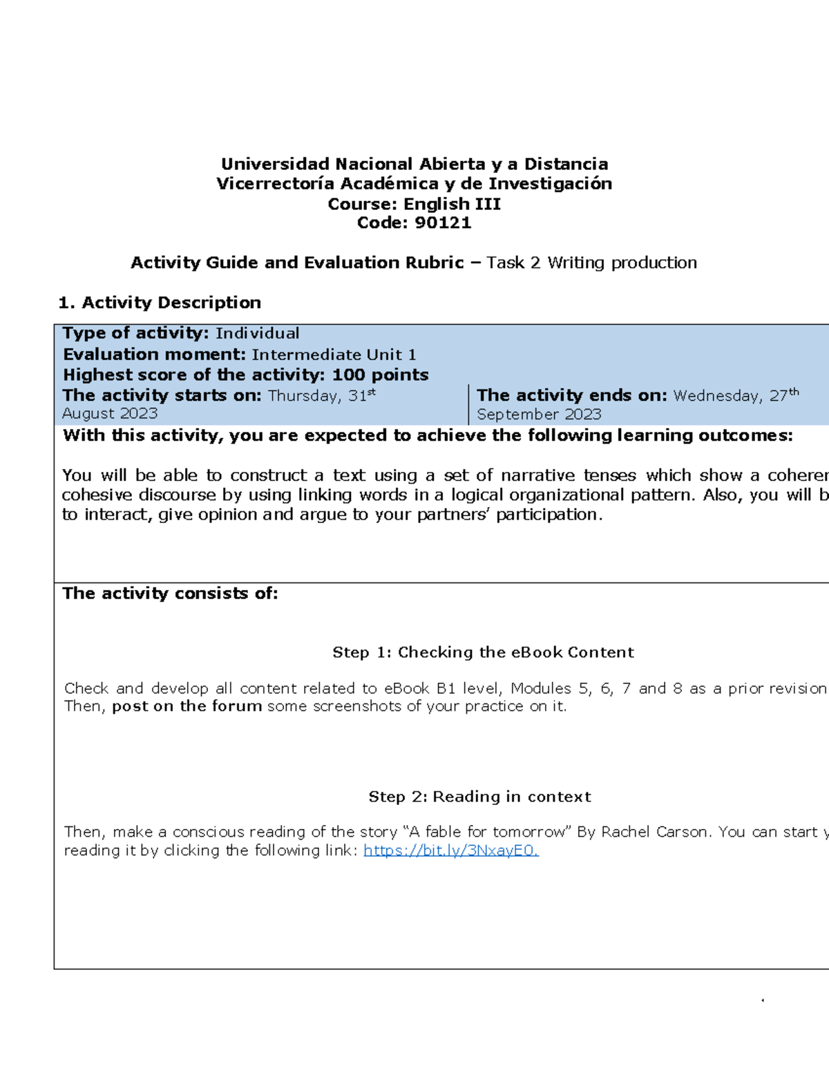 Activity guide and Evaluation Rubric - Unit 1 - Task 2 - Writing ...