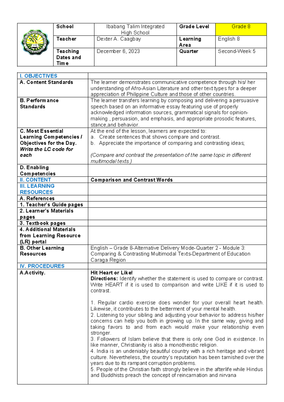 Eng8 week 5 day 3 - LESSON PLAN IN ENGLISH - School Ibabang Talim ...