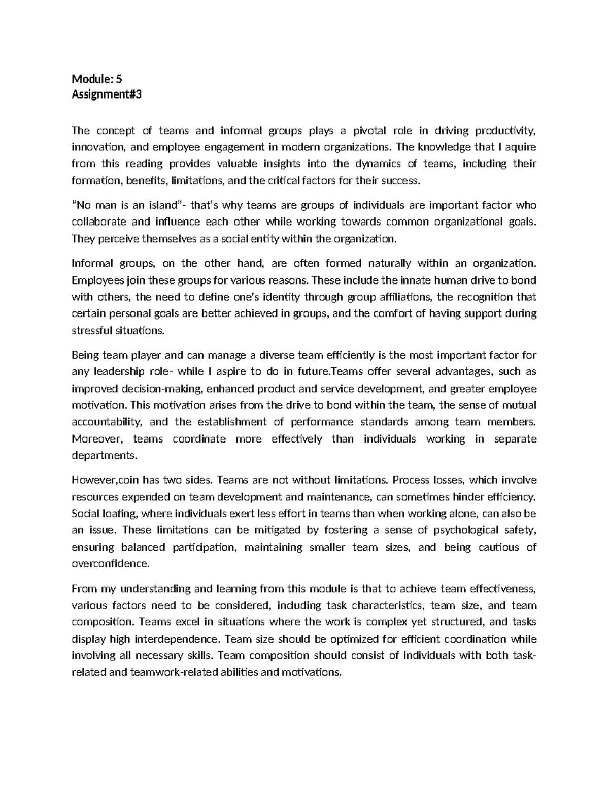 Self reflection journal module 5 - Module: 5 Assignment# The concept of ...