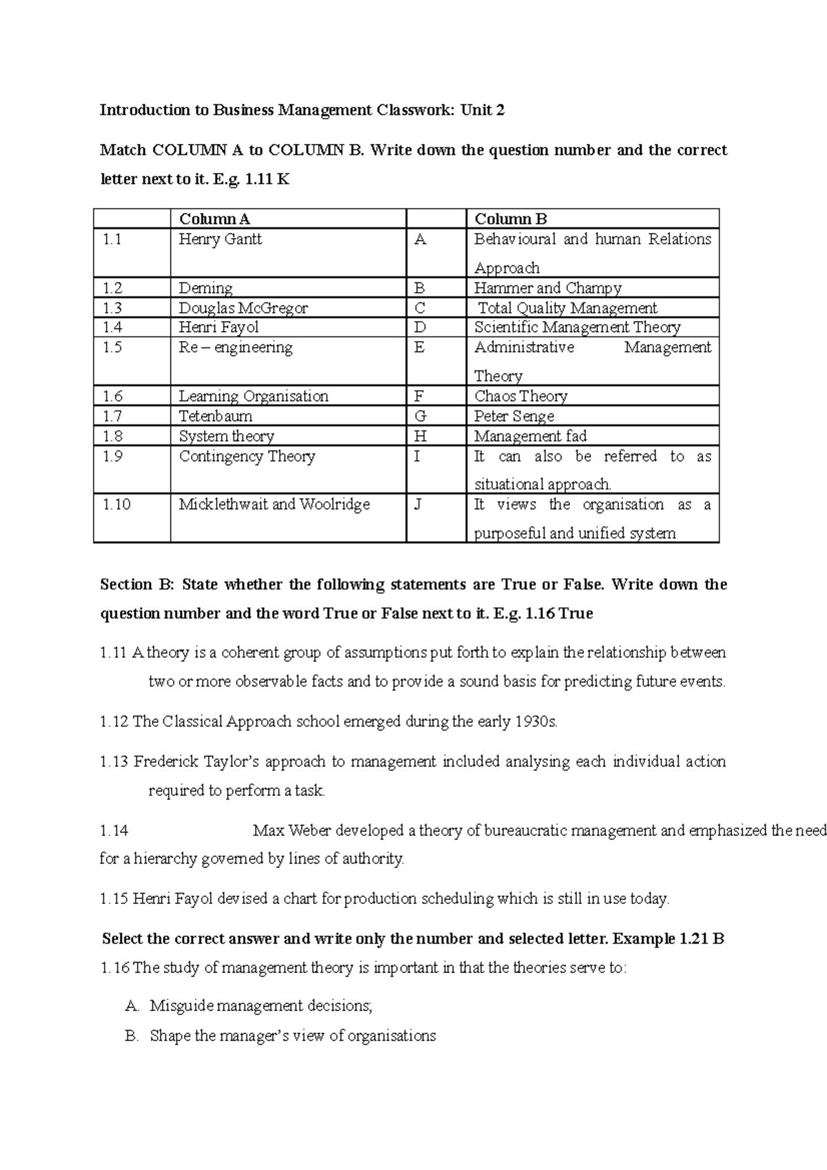 Intro to BMG UNIT 2 Classwork questions 2021 - Introduction to Business Management Classwork ...