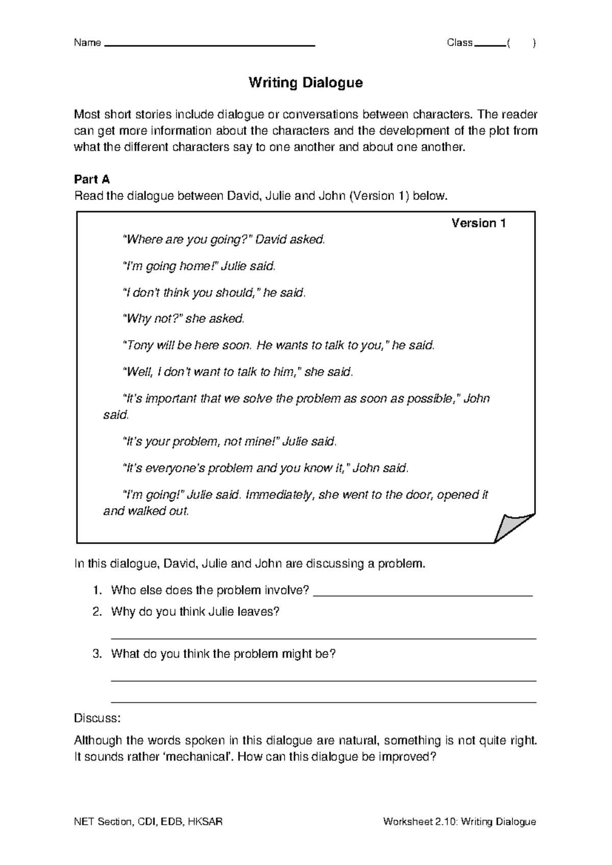 Worksheet 2.10- writing dialogue - Name Class ( ) NET Section, CDI, EDB ...