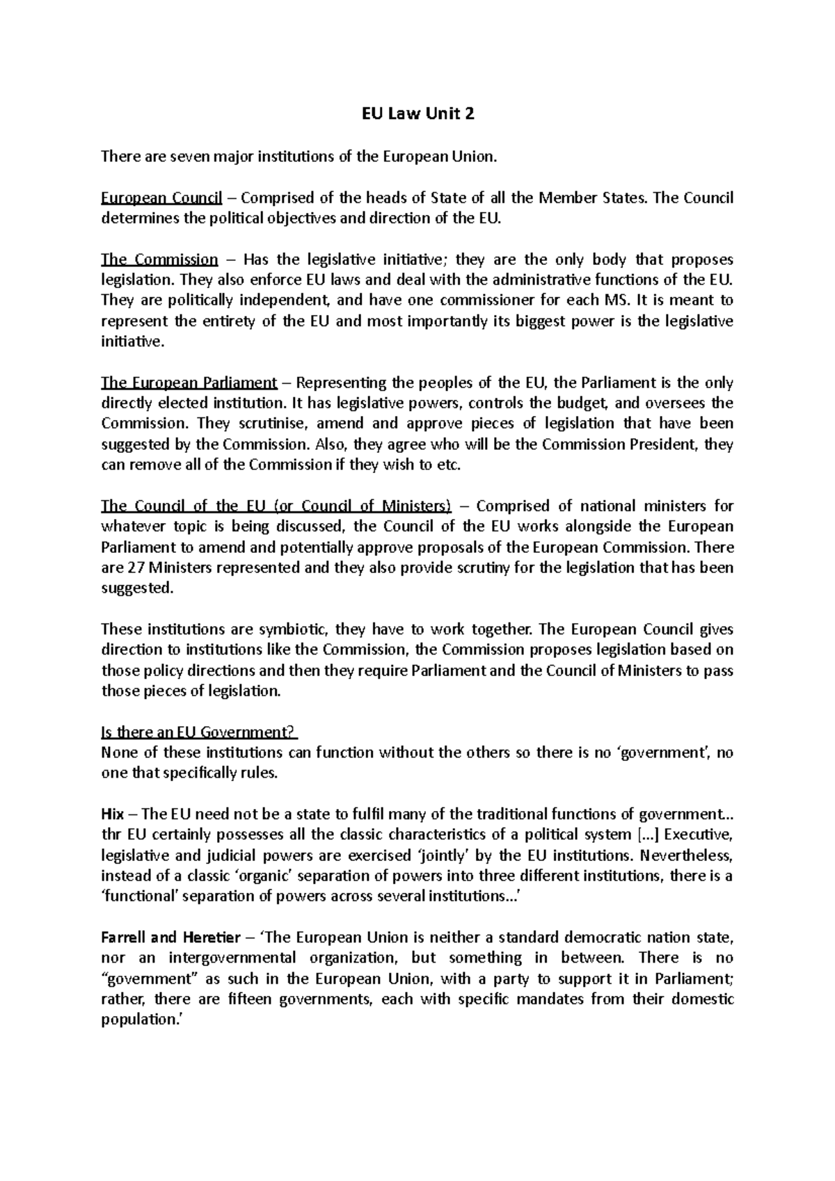 EU Law Unit 2 - unit 2 notes - EU Law Unit 2 There are seven major ...