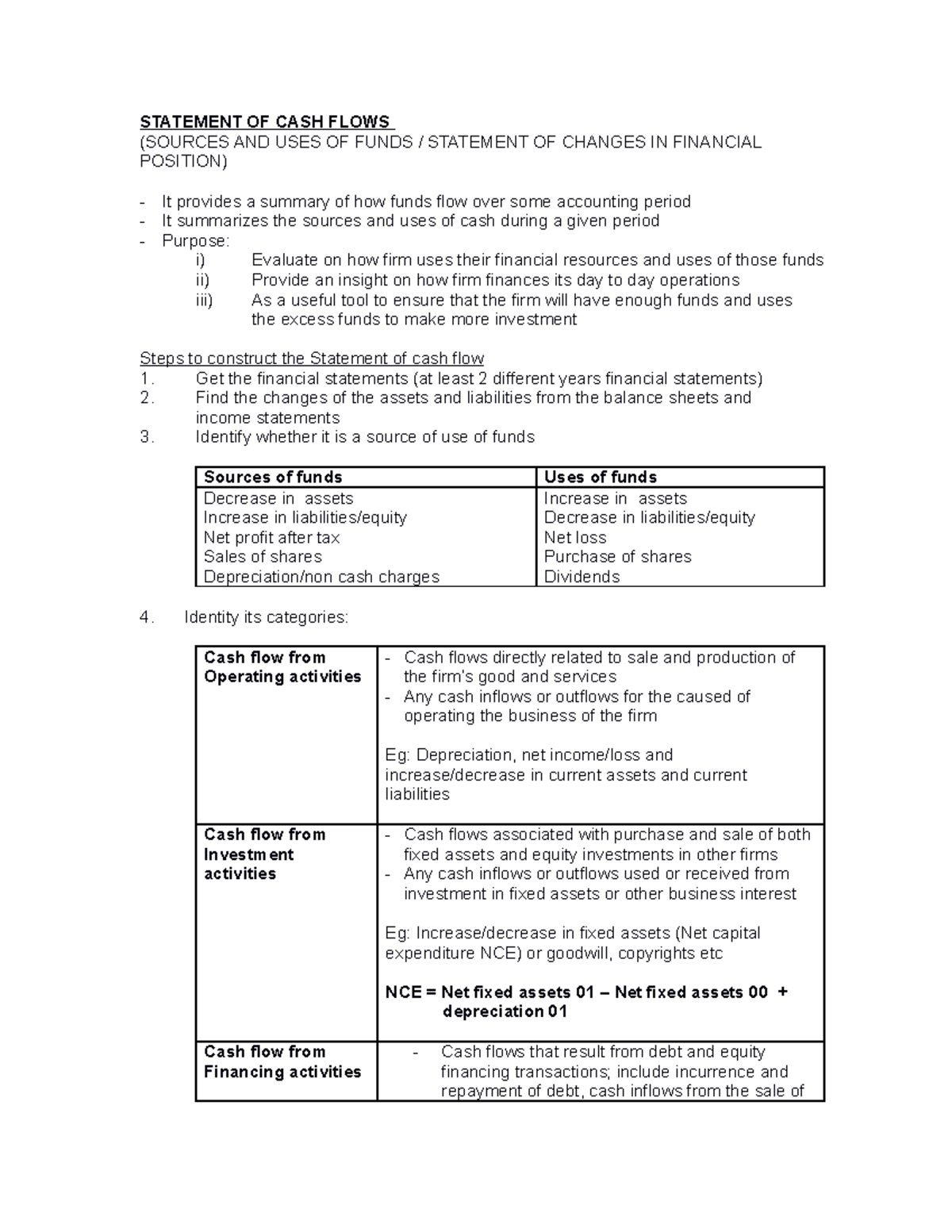Statement OF CASH FLOW Degree notes - STATEMENT OF CASH FLOWS (SOURCES ...