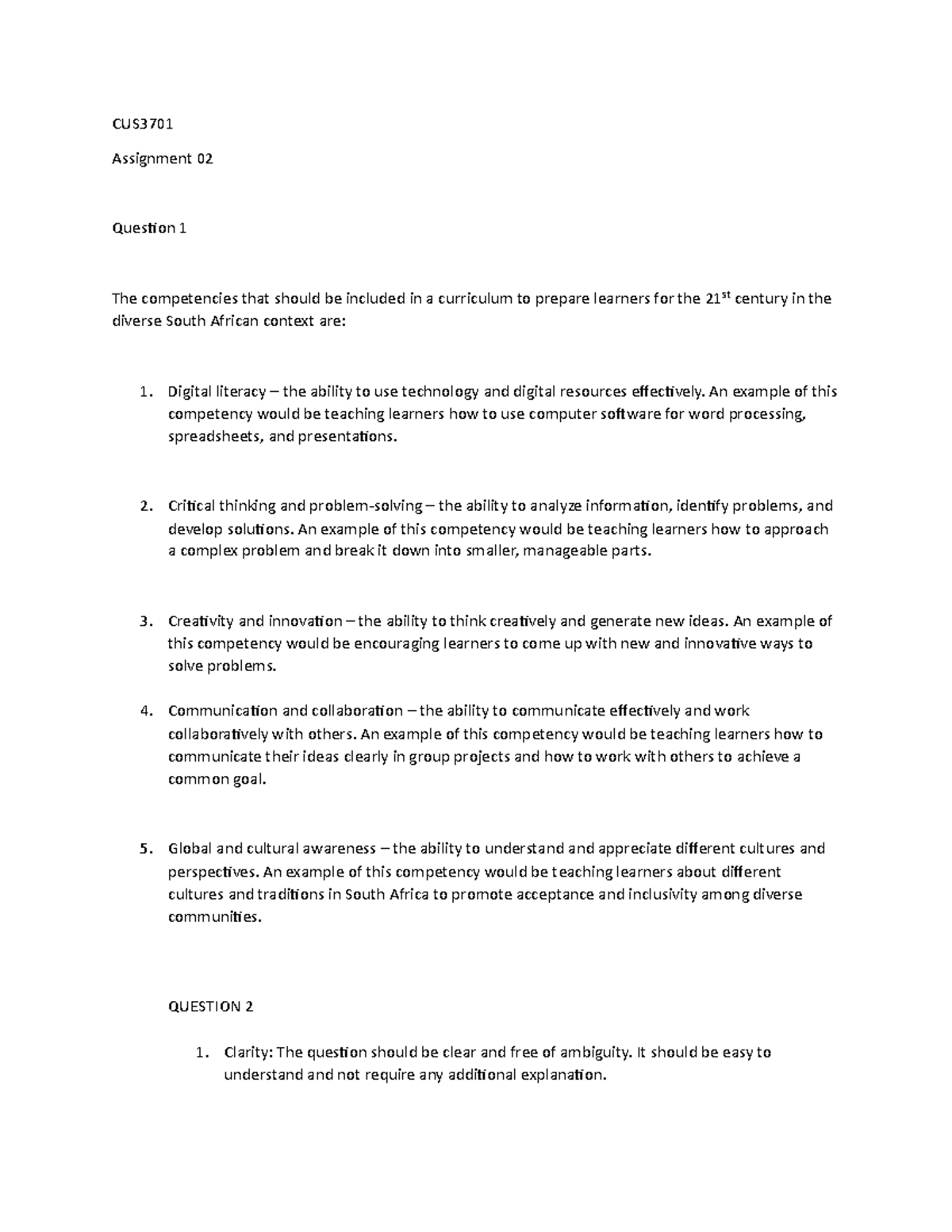 Cus assignment 02 - CUS Assignment 02 Question 1 The competencies that should be included in a ...