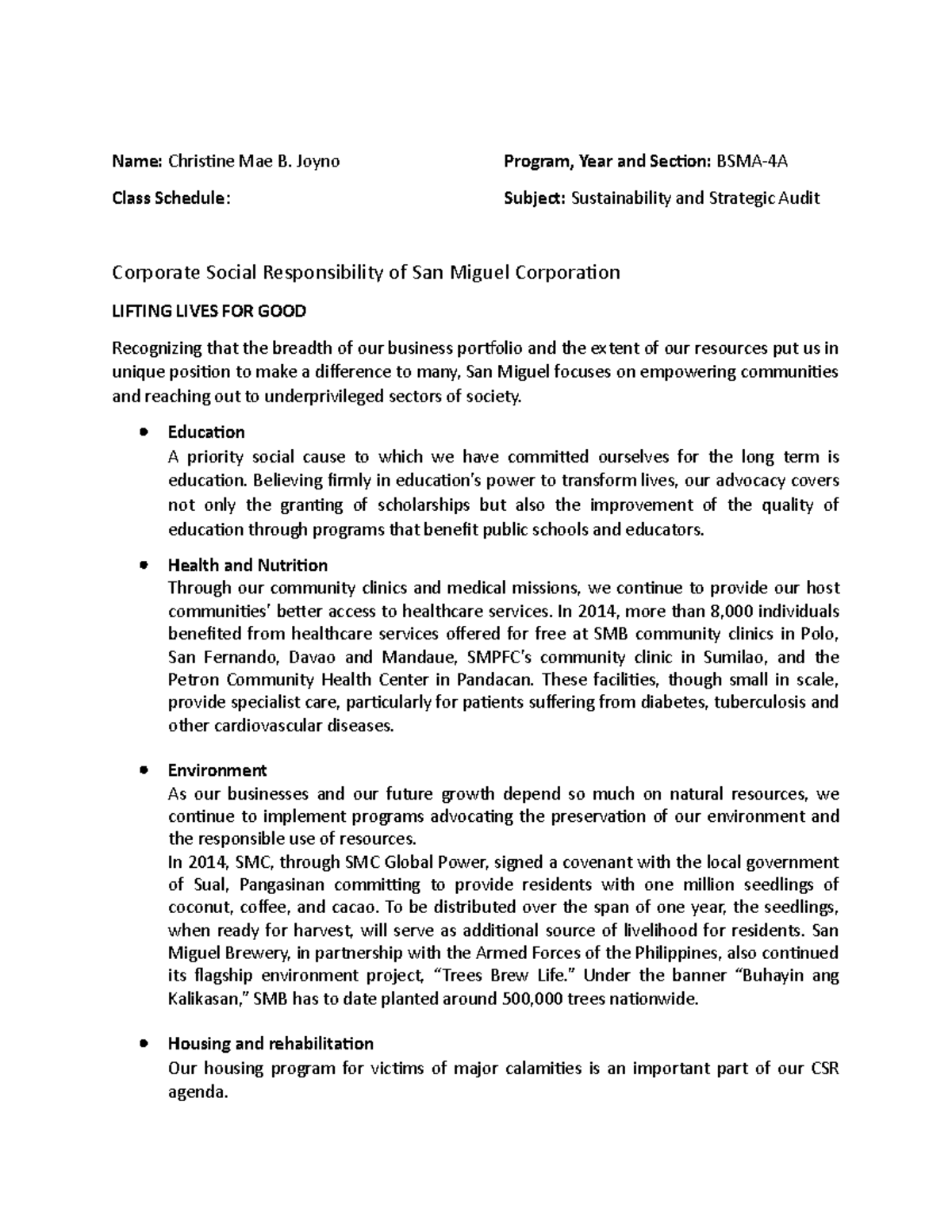 Csr - notes - Name: Christine Mae B. Joyno Program, Year and Section ...
