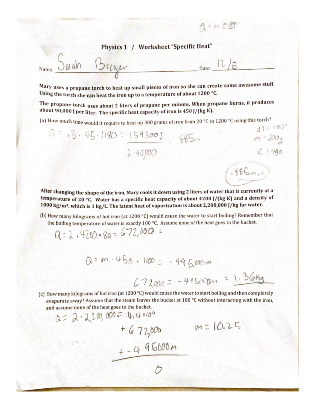 Worksheet "Specific Heat" - PHY 111 - Studocu