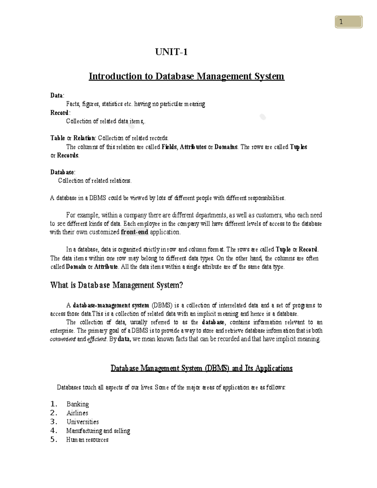 Dbms Unit1 Dbms Unit 1 Unit Introduction To Database Management System Data Facts Figures