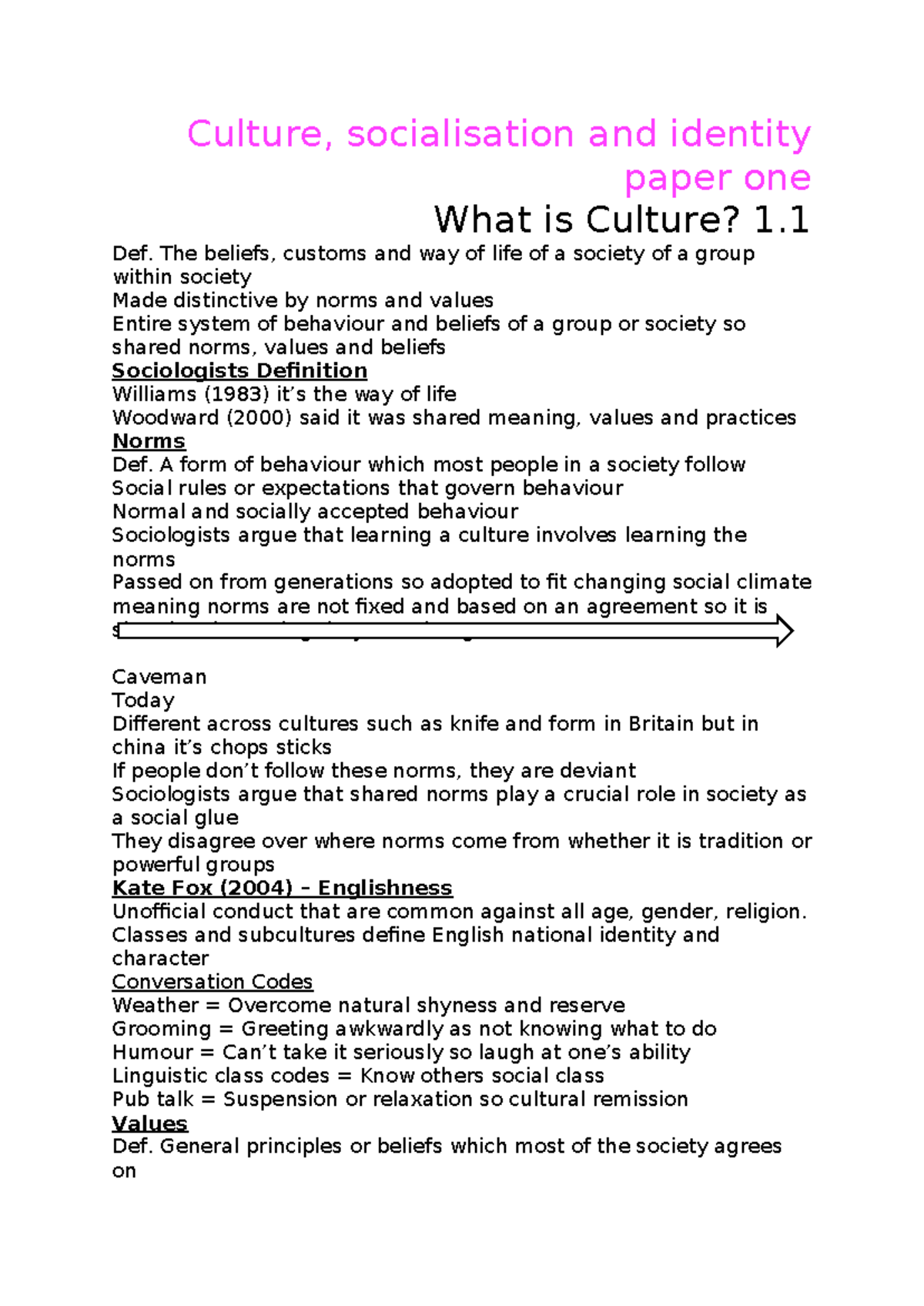 Sociology notes - nbjkjhcjhj - Culture, socialisation and identity ...