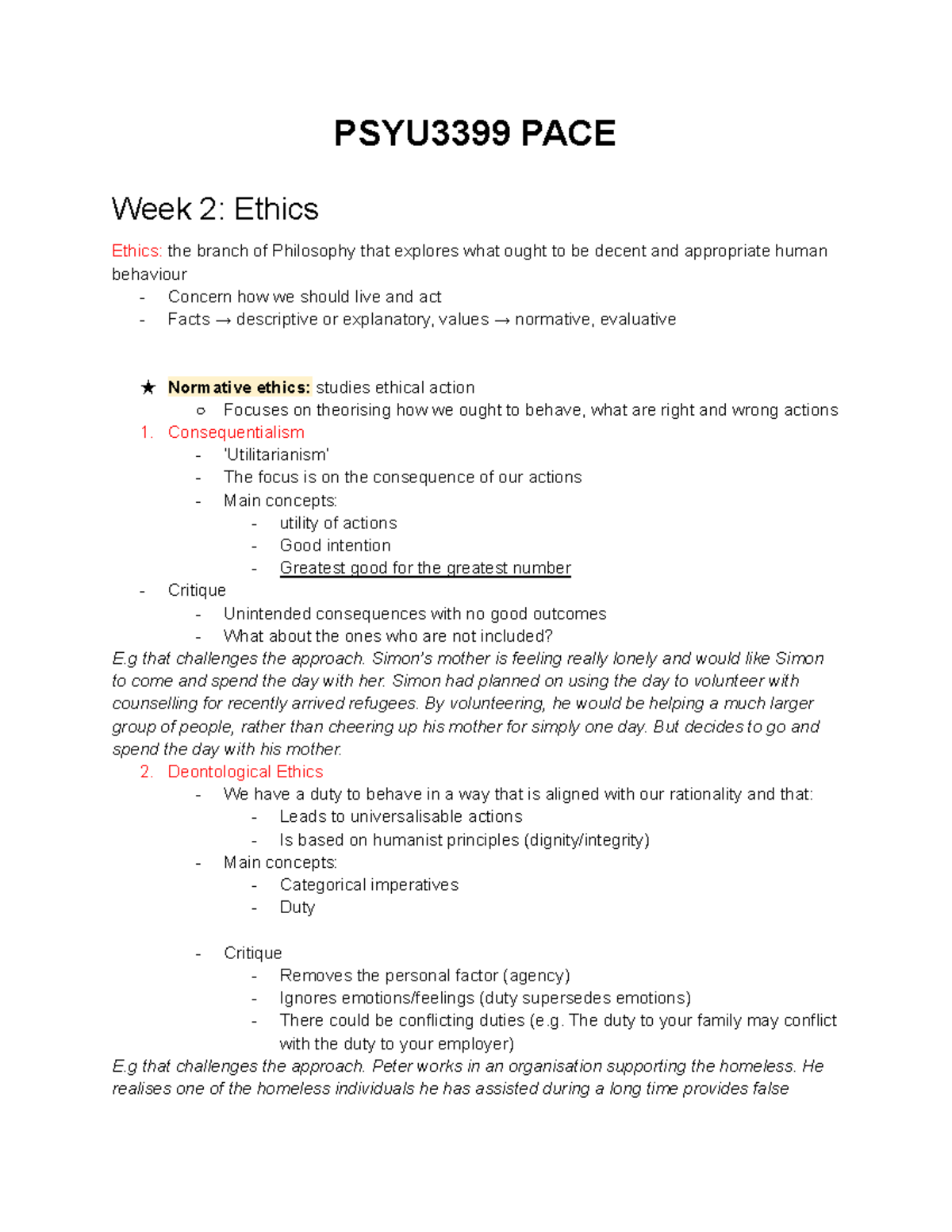 Lectures PACE - Weeks 1-12 & Tutorials - PSYU3399 PACE Week 2: Ethics Ethics: the branch of ...