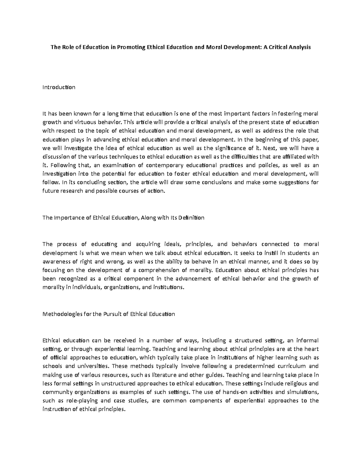 The Role of Education in Promoting Ethical Education and Moral ...