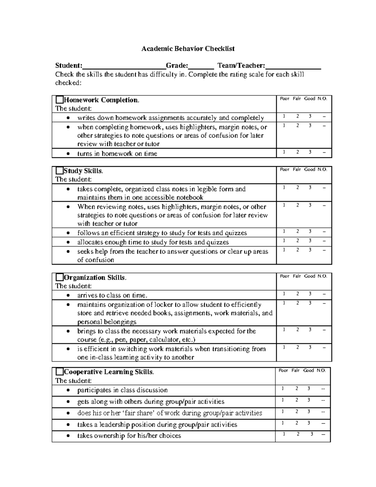 Academic Behavior Checklist - Academic Behavior Checklist Student ...