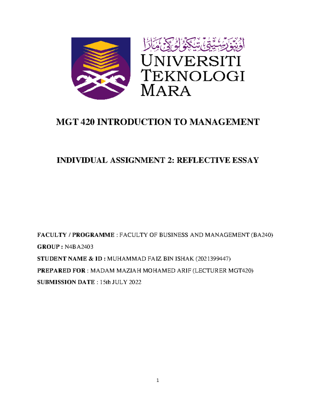 Individual assignment 2 Muhammad FAIZ BIN Ishak 2021399447 - MGT 420 INTRODUCTION TO MANAGEMENT ...