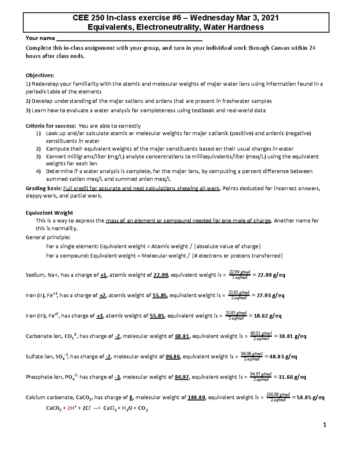In-class 6 - In class assignment - Equivalents, Electroneutrality ...