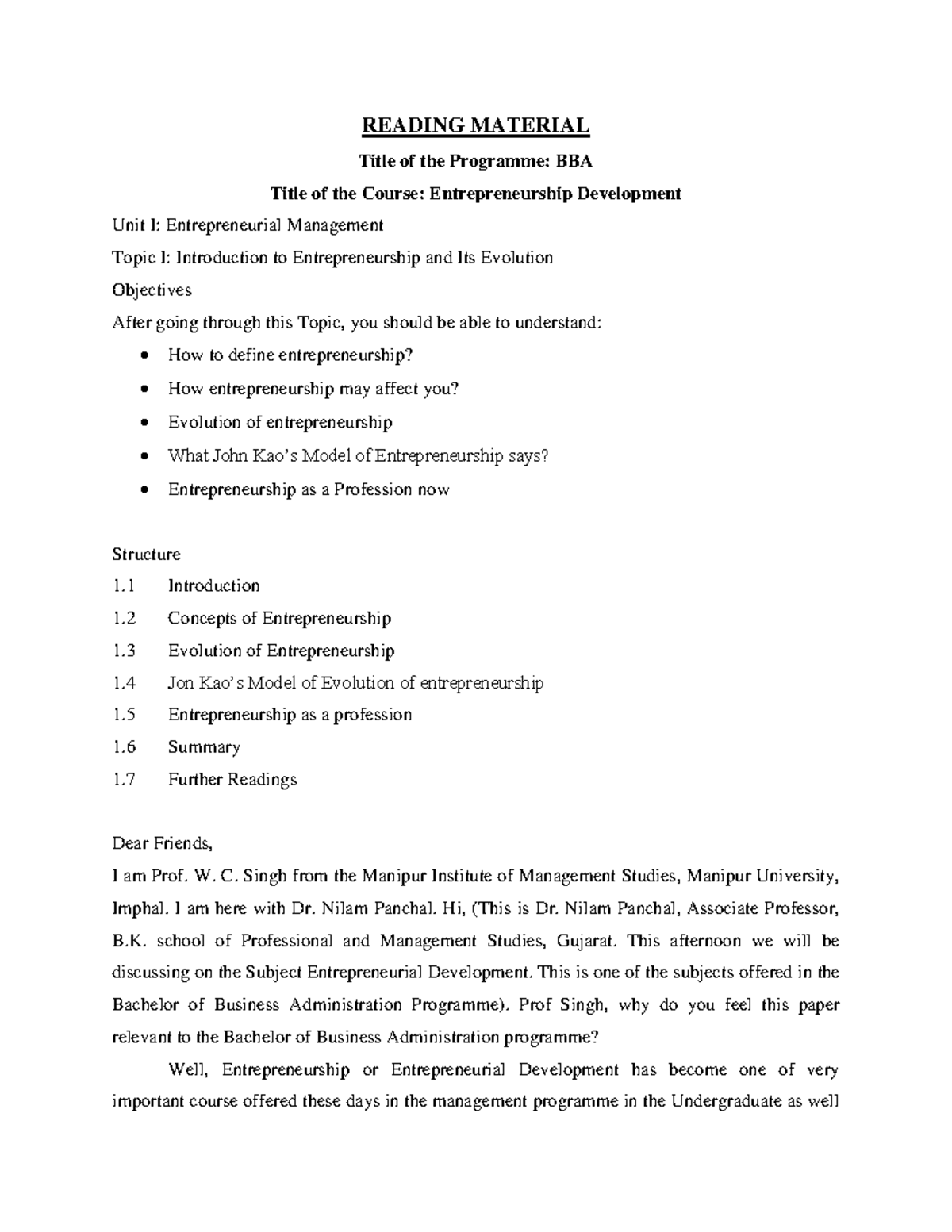 Script - nnkjnkj - READING MATERIAL Title of the Programme: BBA Title ...