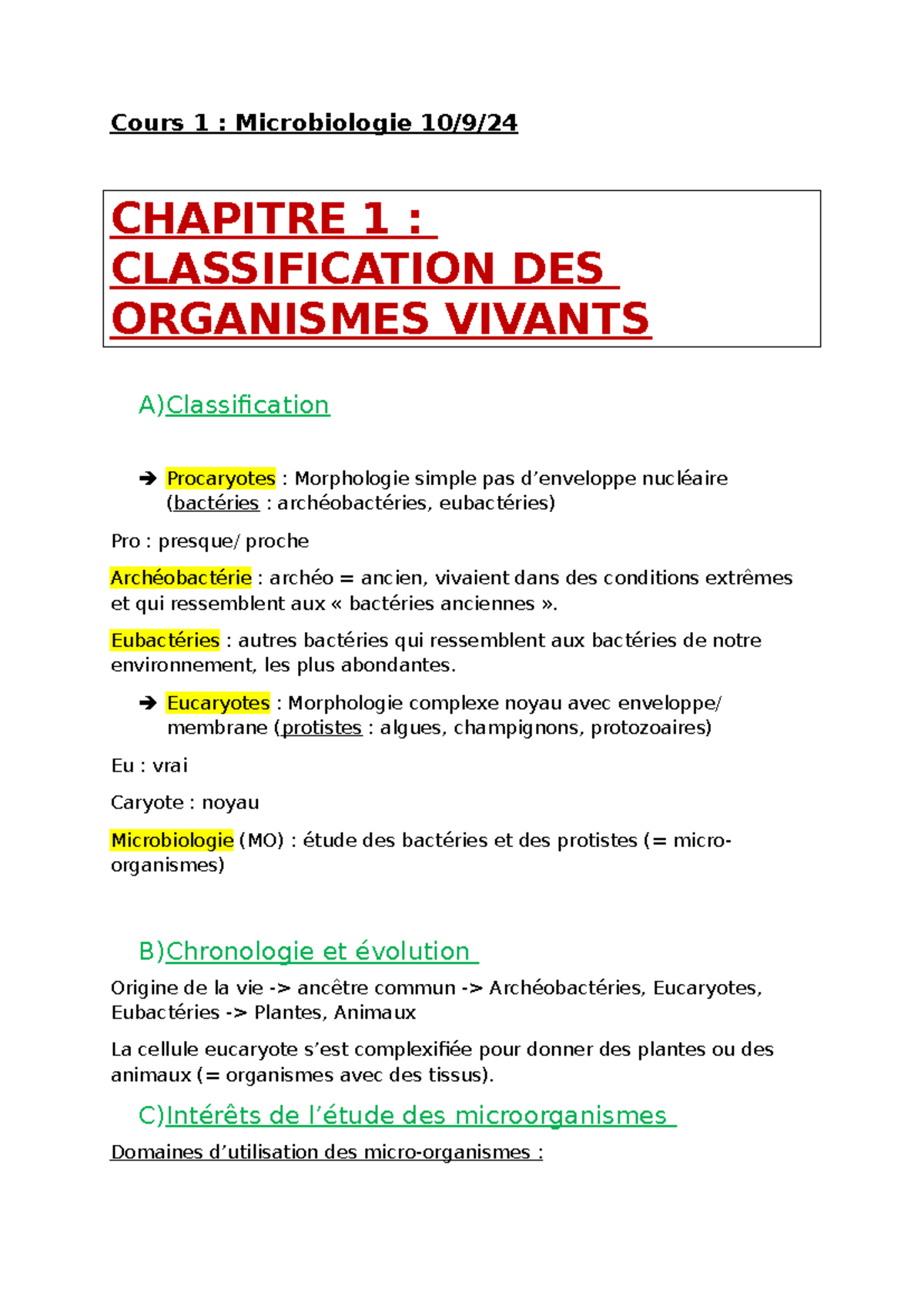 Chap1- Classification des organismes vivants - Cours 1 : Microbiologie 10/9/ CHAPITRE 1 : - Studocu