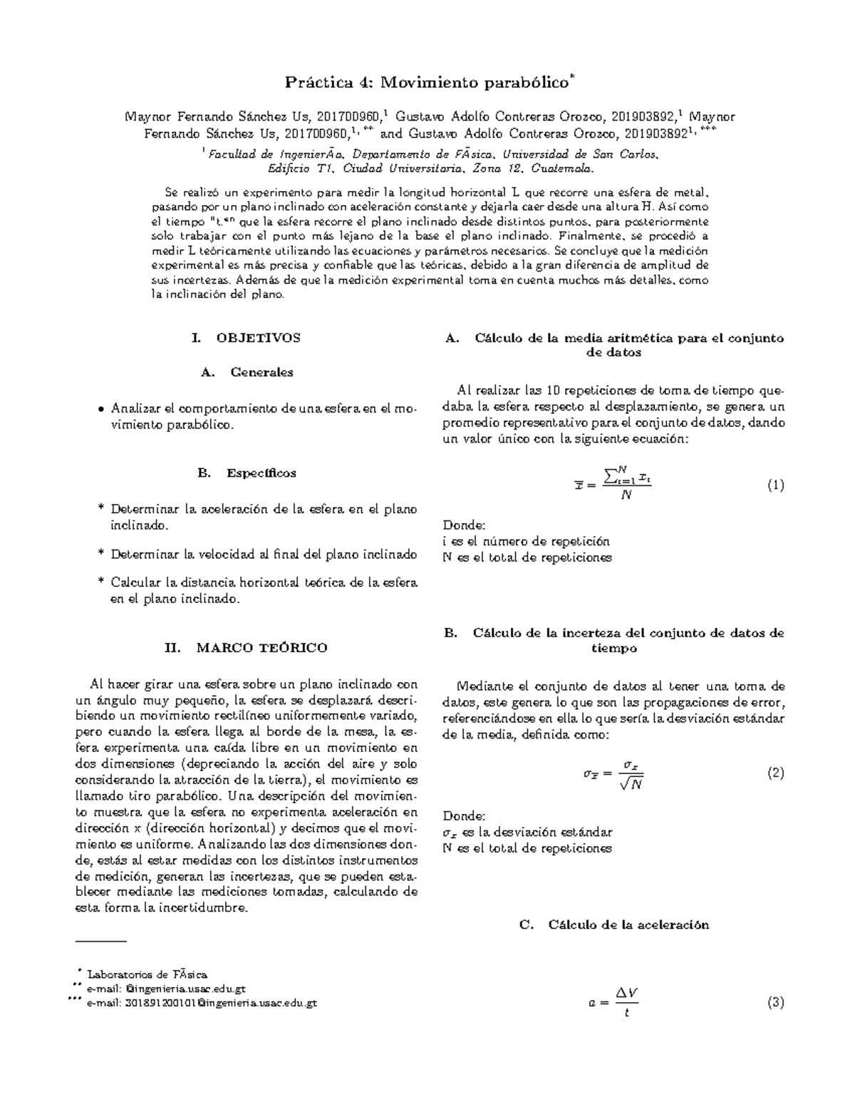 Reporte 4 - Práctica 4: Movimiento parabólico* Maynor Fernando Sánchez ...