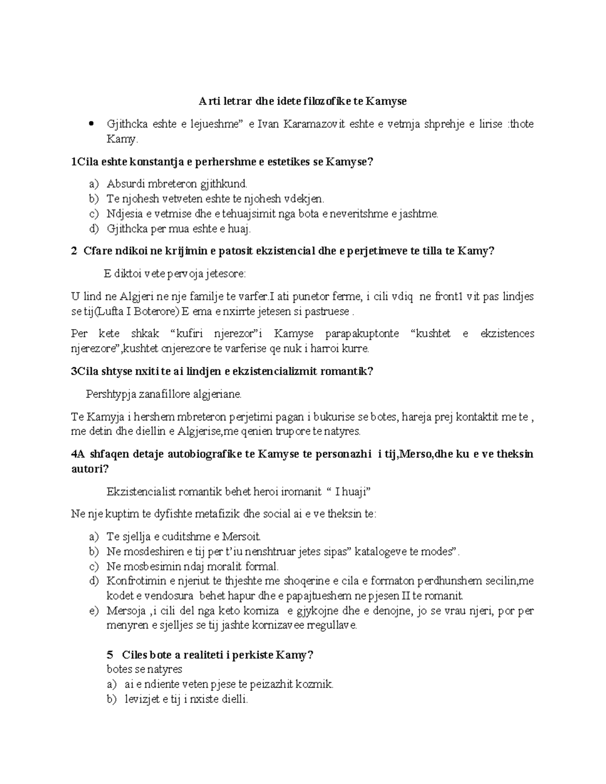 Arti letrar dhe idete filozofike te Kamyse - 1Cila eshte konstantja e ...
