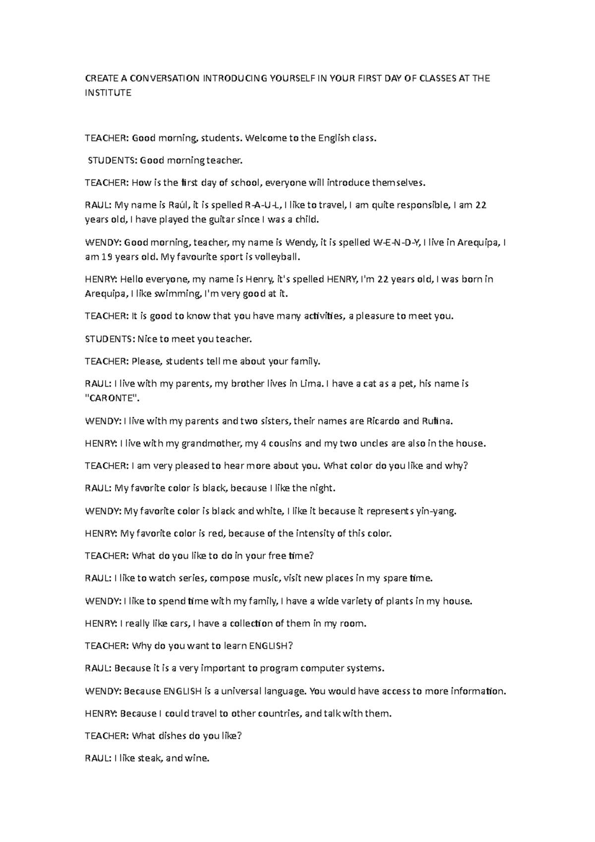 Dialogo Final DE Presentacion, S1, Practica - CREATE A CONVERSATION ...