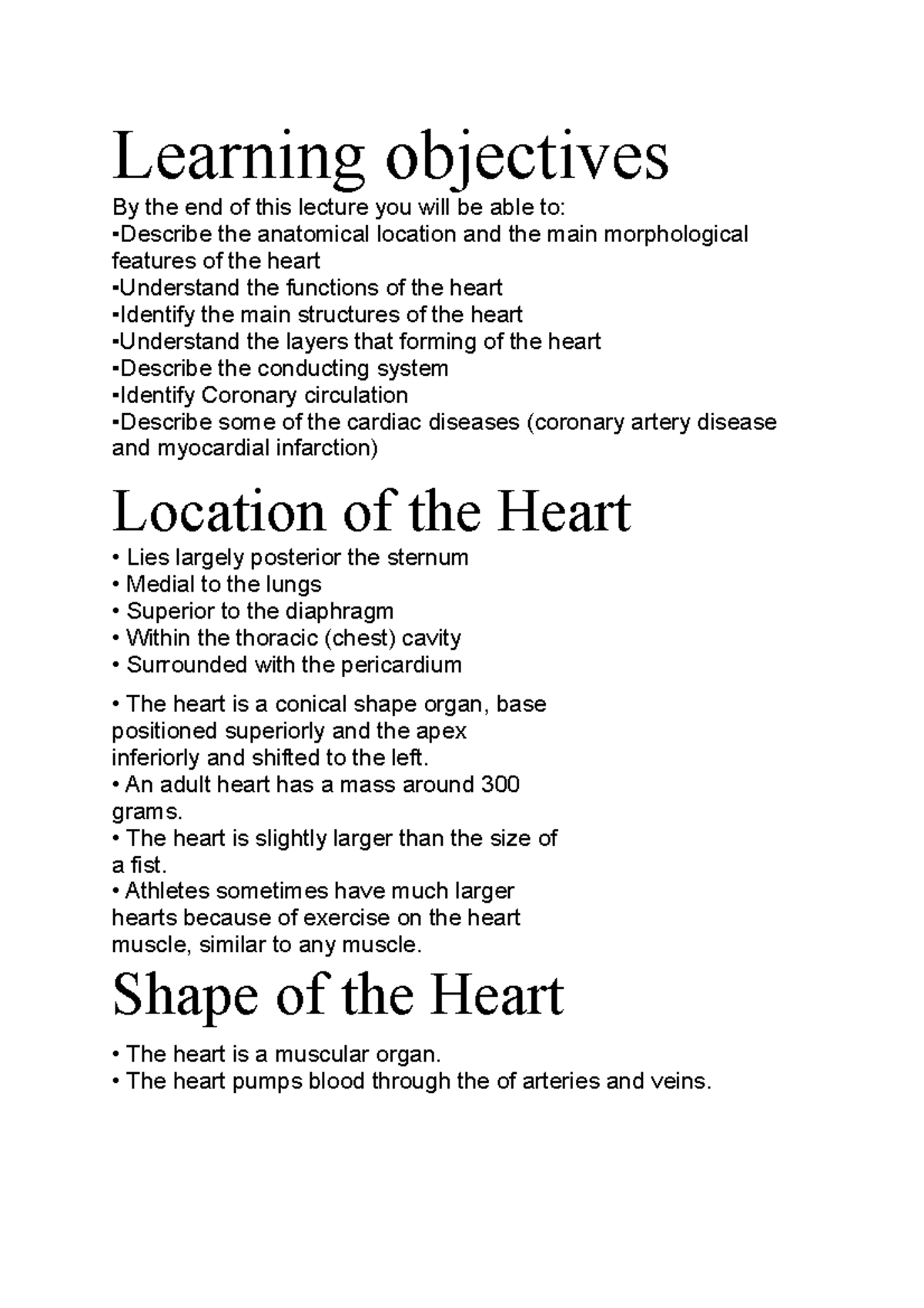 Heart - Learning objectives By the end of this lecture you will be able to: Describe the ...